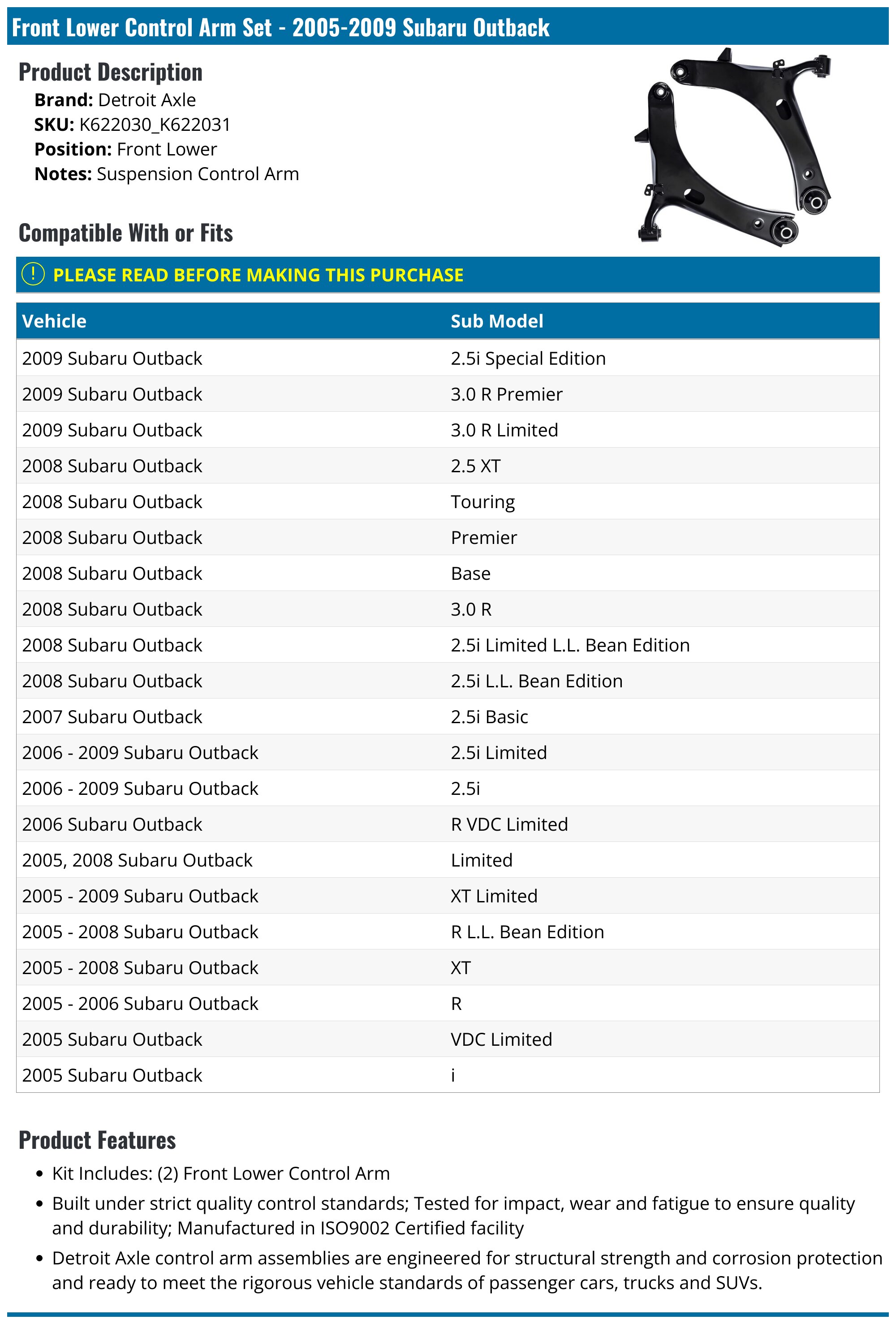 2005-2009 Subaru Outback Control Arm - Detroit Axle K622030_K622031 ...