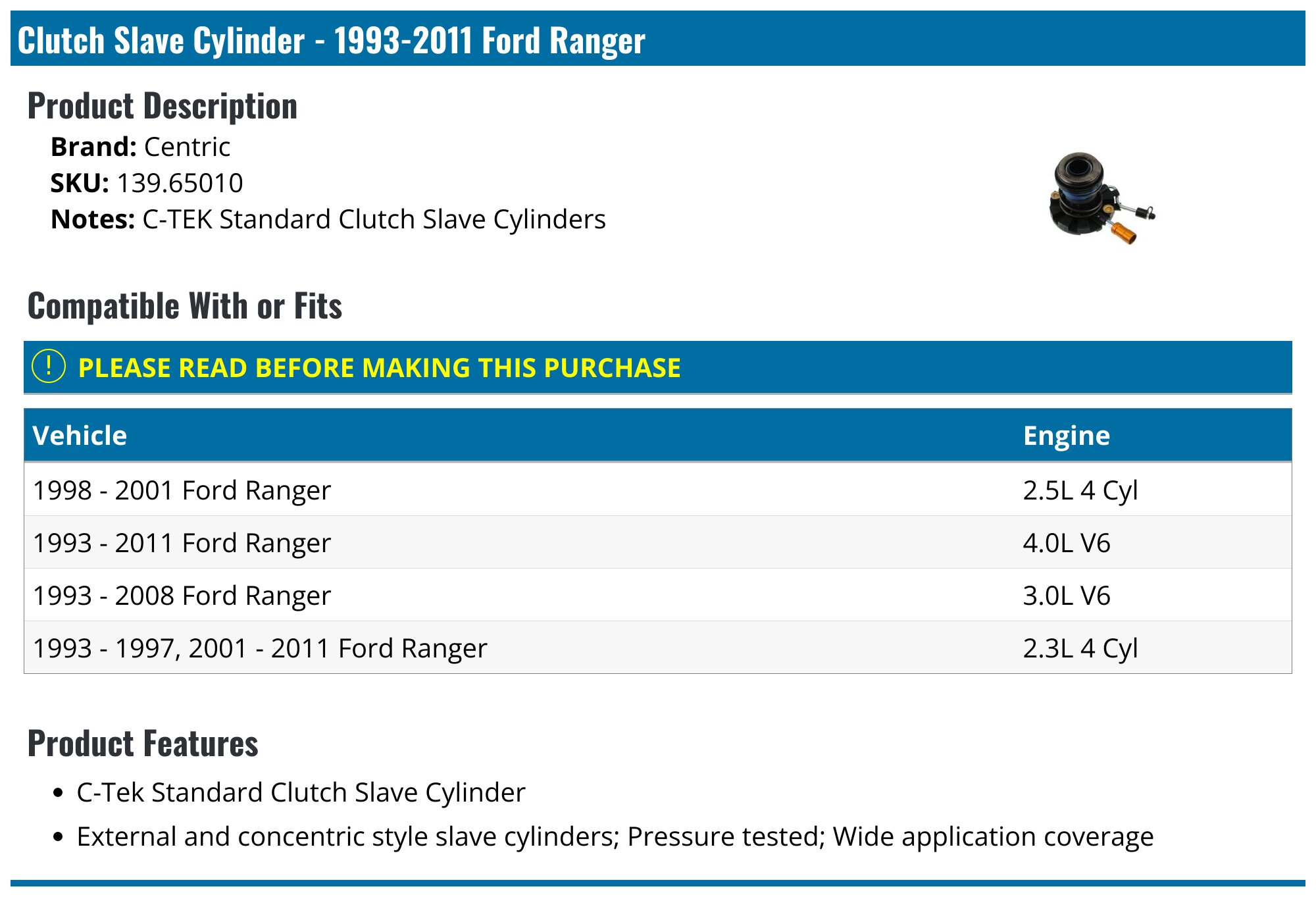 1993-2011 Ford Ranger Clutch Slave Cylinder - Centric 139.65010 ...