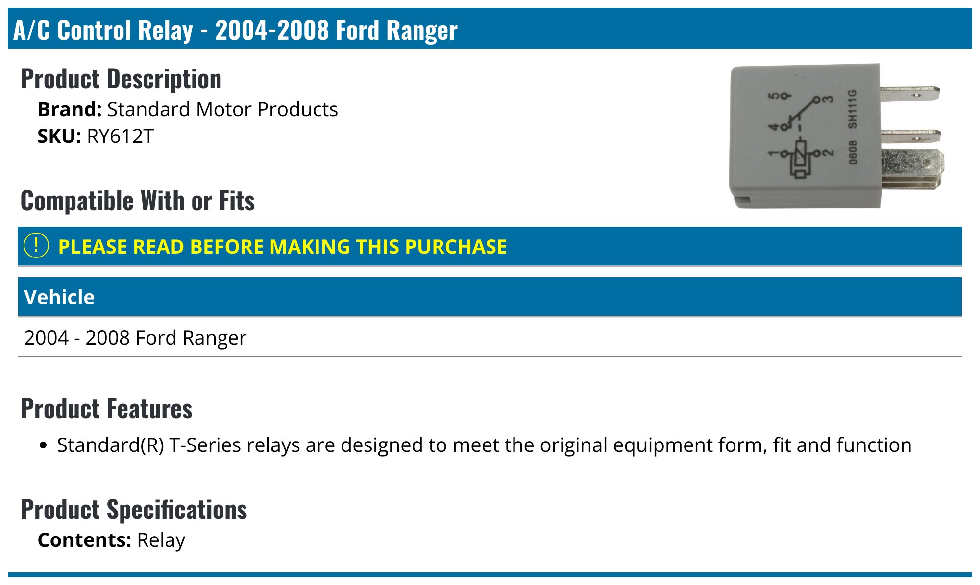 2004-2008 Ford Ranger A/C Control Relay - Standard Motor Products ...