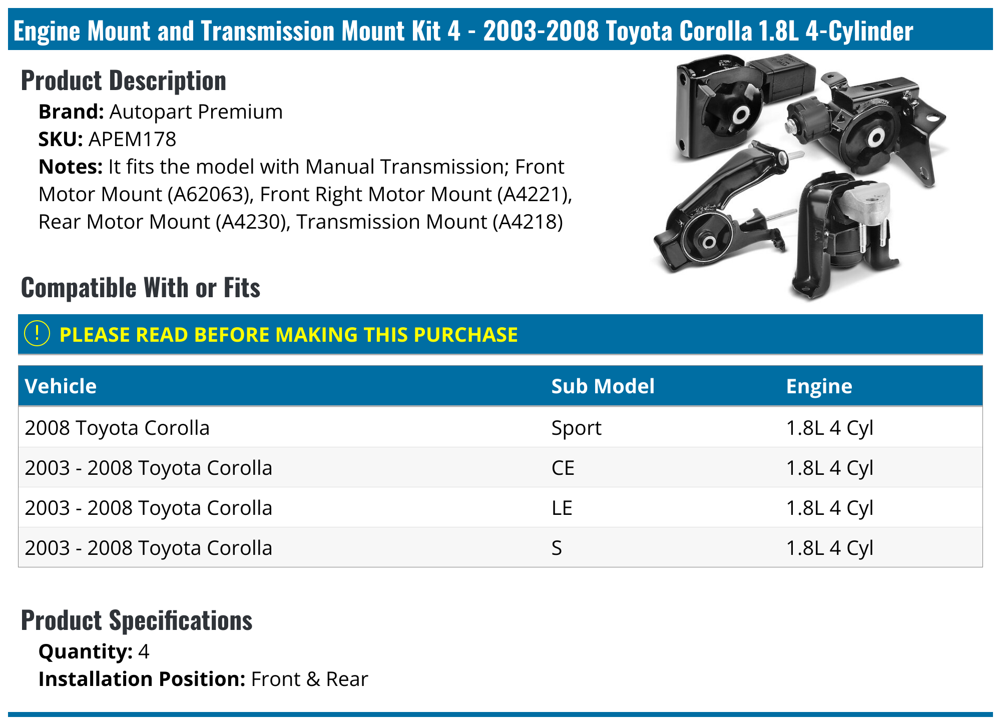 2003-2008 Toyota Corolla Engine Mount - Autopart Premium APEM178 ...