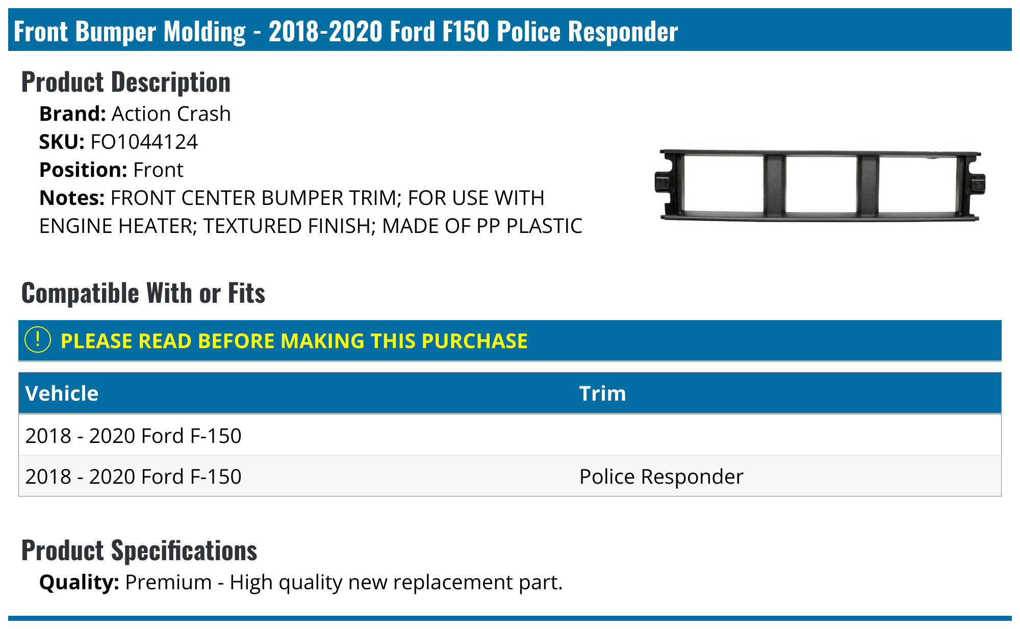 2018-2020 Ford F150 Bumper Molding - Action Crash FO1044124 - Front ...