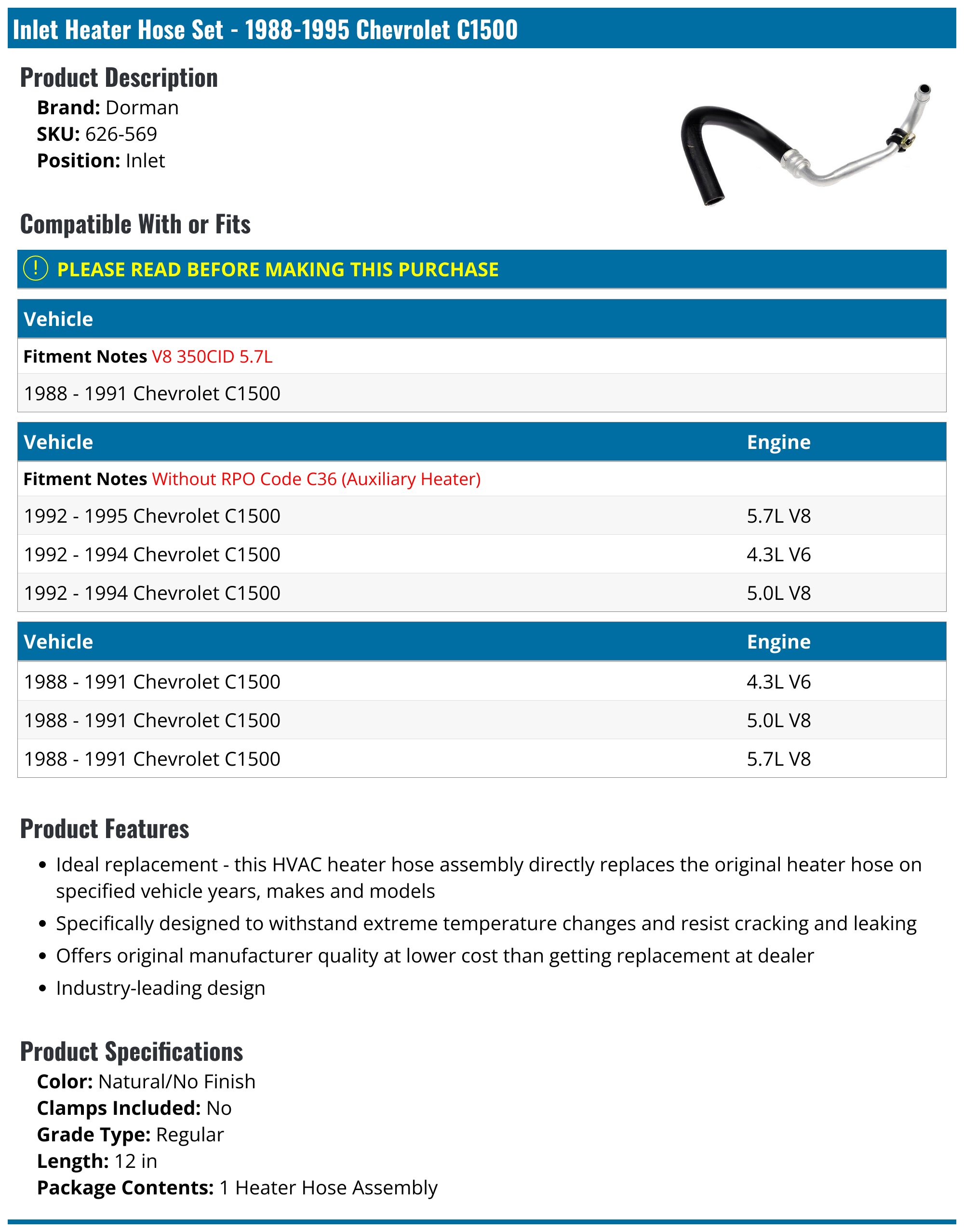 1988-1995 Chevrolet C1500 Heater Hose - Dorman 626-569 - Inlet ...