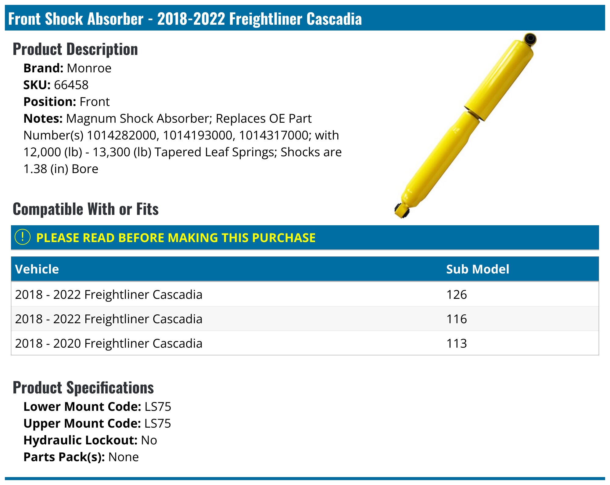 2018-2024 Freightliner Cascadia Shock Absorber - Monroe 66458 - Front ...
