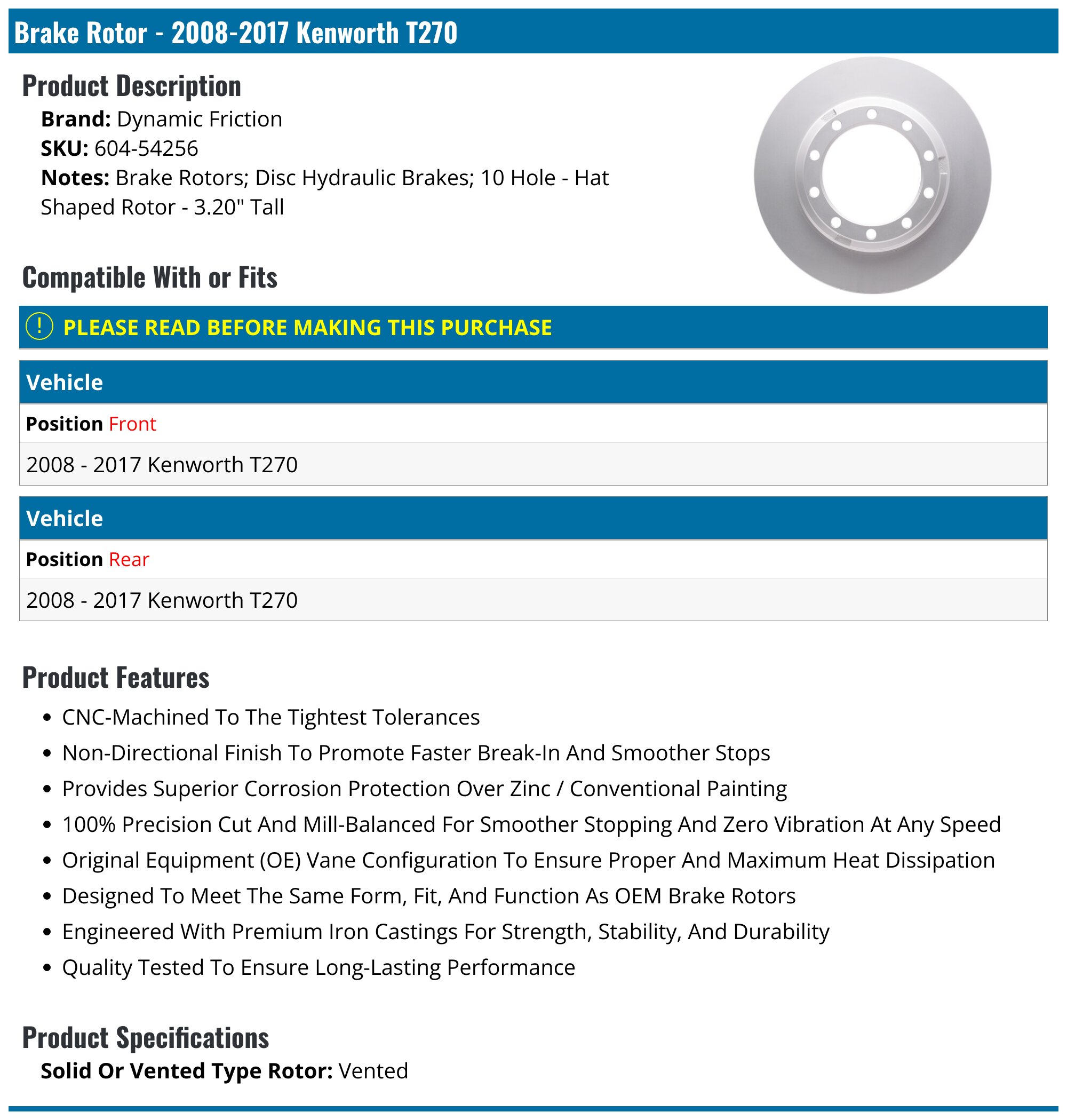 2008-2018 Kenworth T270 Brake Rotor - Dynamic Friction 604-54256 ...