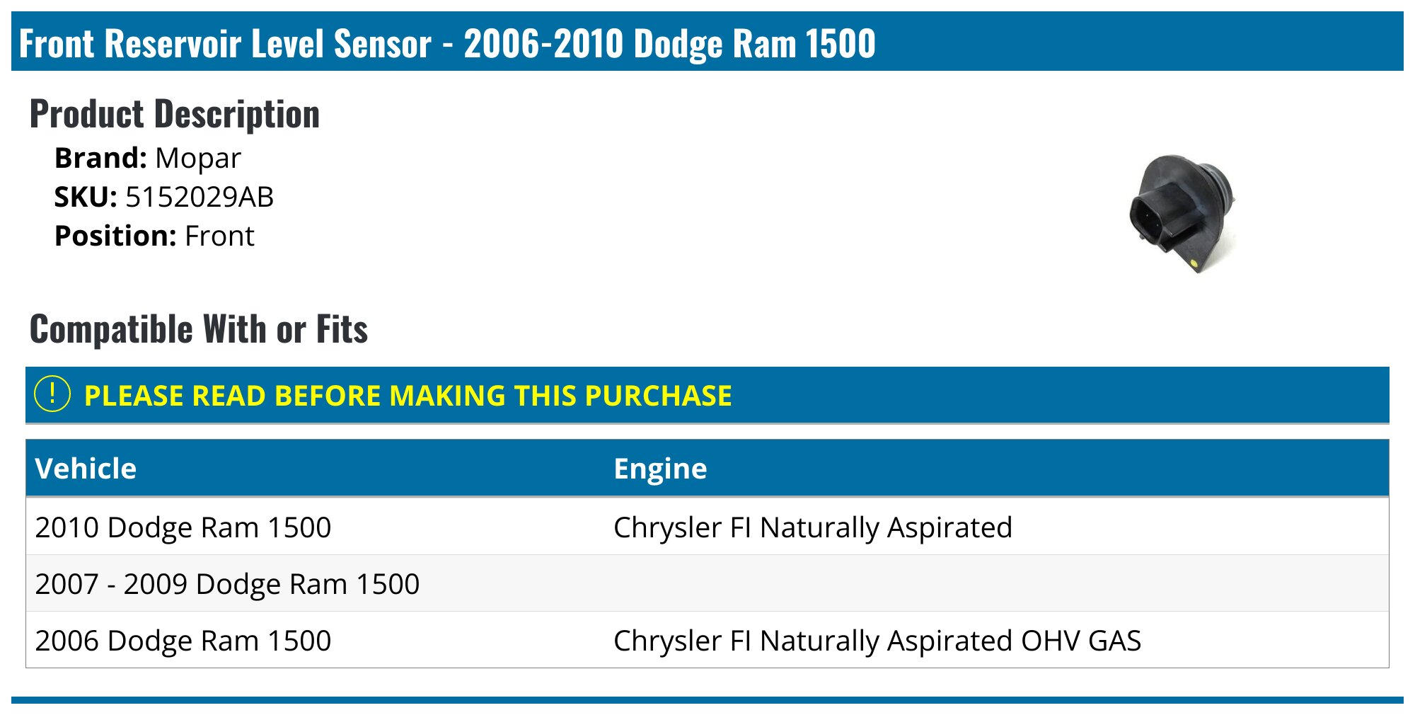 2006-2010 Dodge Ram 1500 Reservoir Level Sensor - Mopar 5152029AB ...