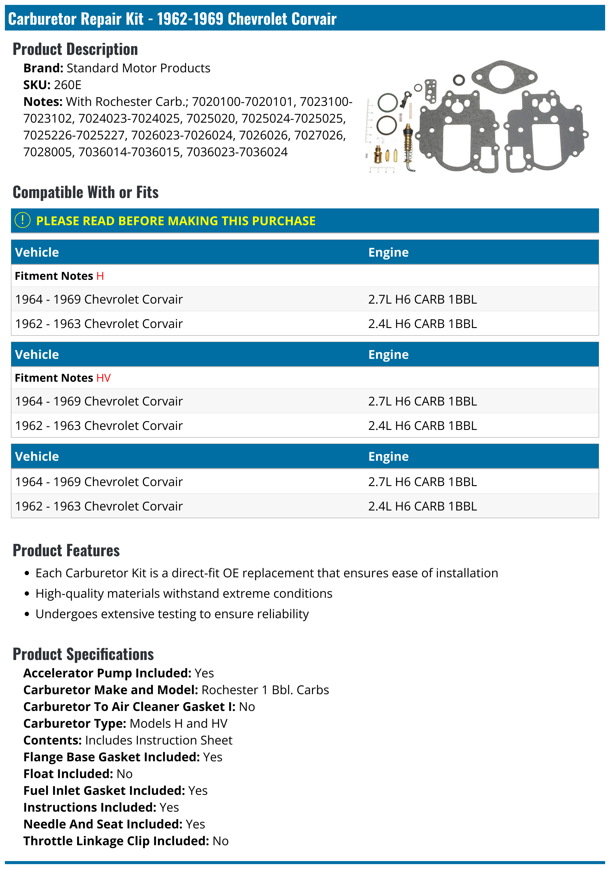 1962-1966 Chevrolet Corvair Carburetor Repair Kit - Standard Motor ...