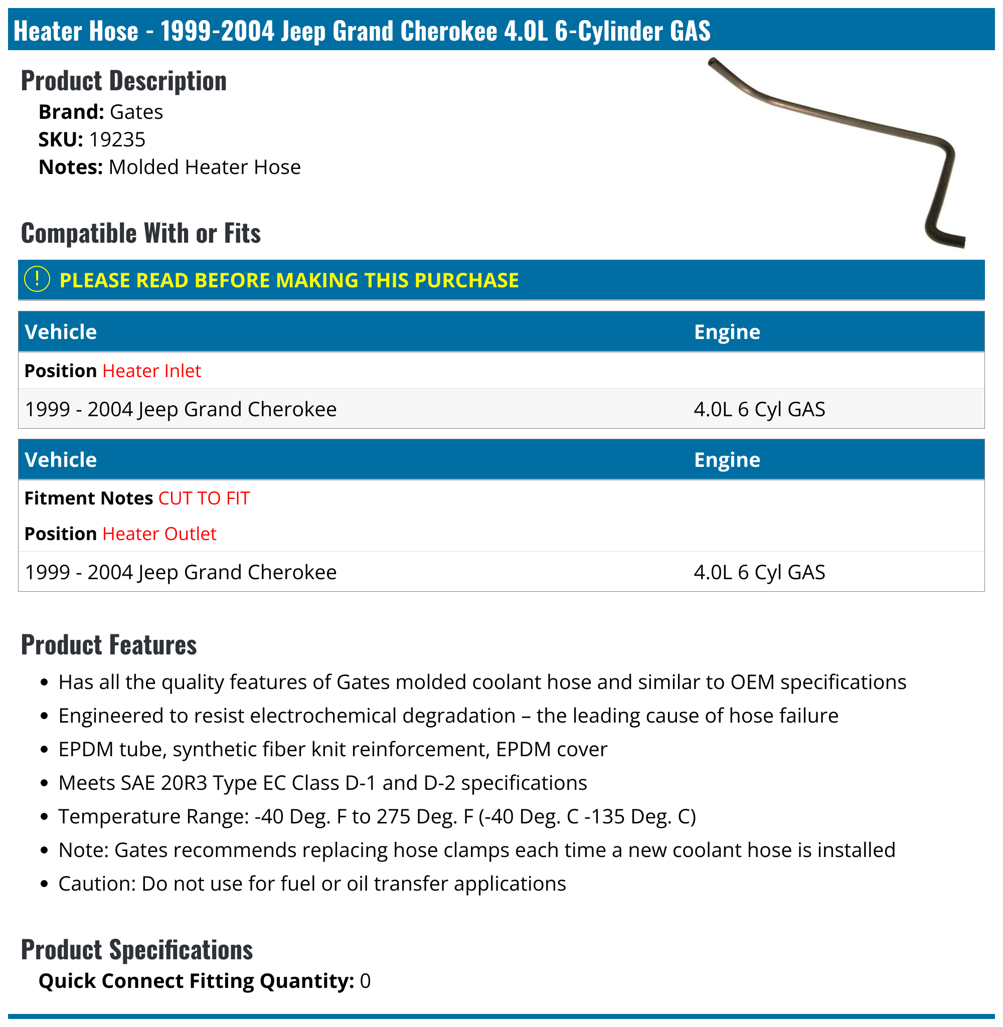 1999-2004 Jeep Grand Cherokee Heater Hose - Gates 19235 - Heater Inlet ...
