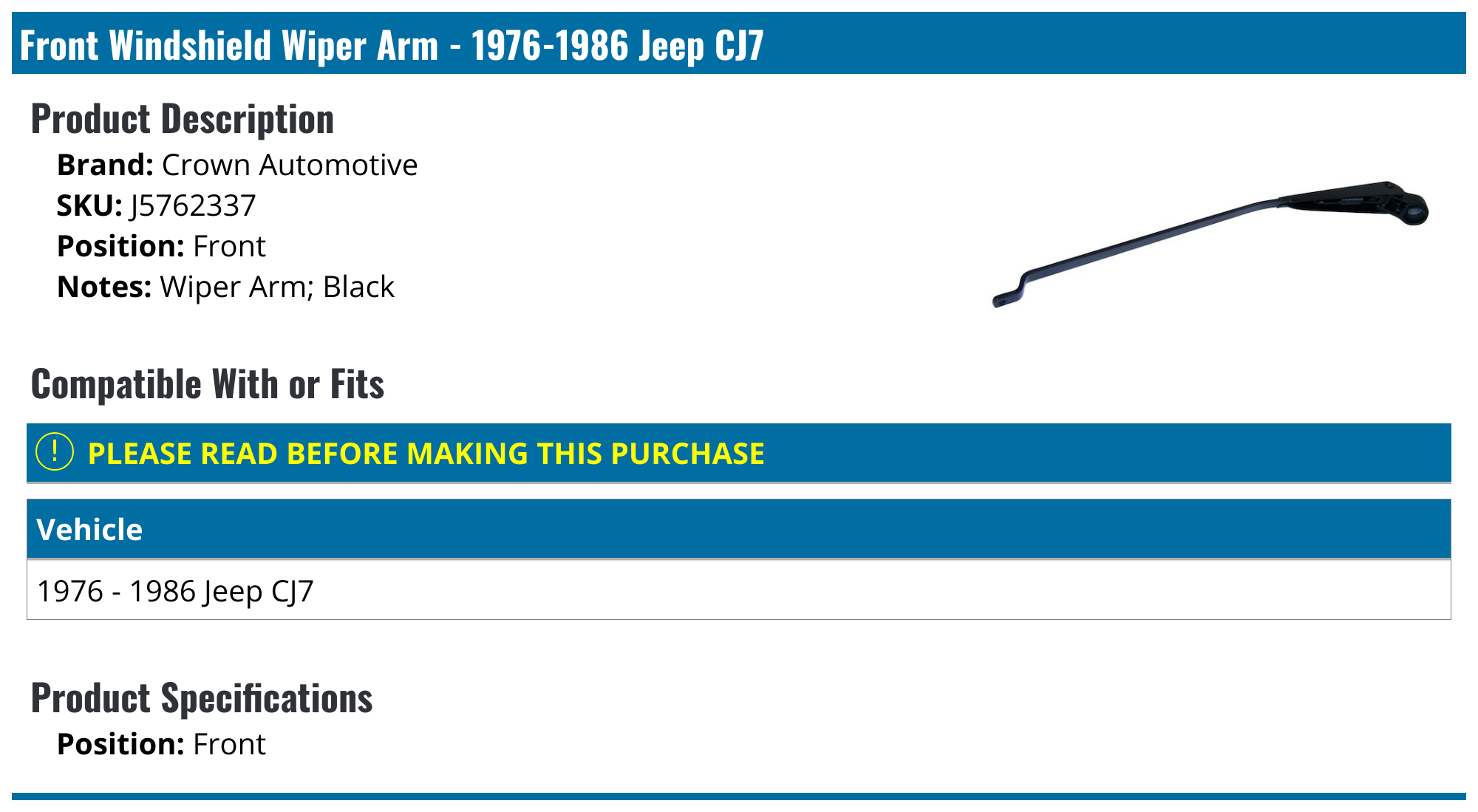 1976-1986 Jeep CJ7 Windshield Wiper Arm - Crown Automotive J5762337 ...
