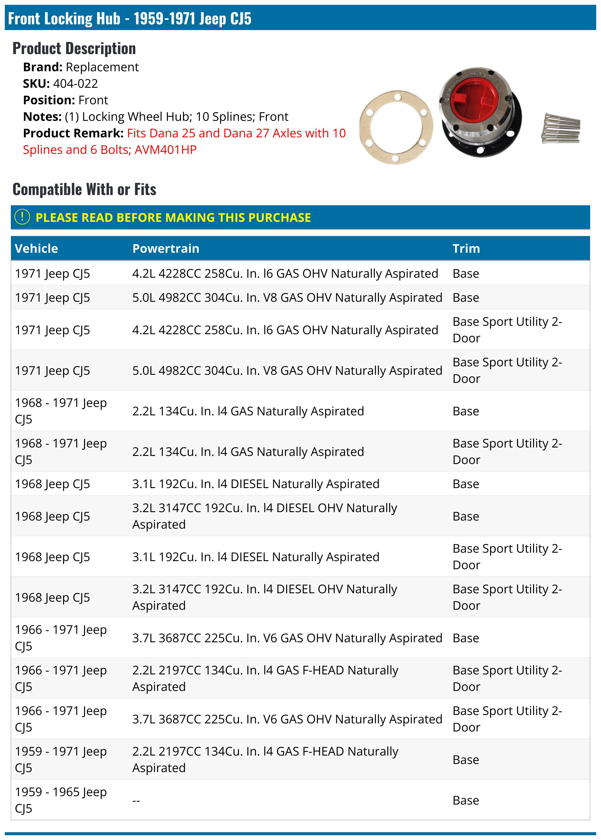1959-1971 Jeep CJ5 Locking Hub - Replacement 404-022 - Front ...