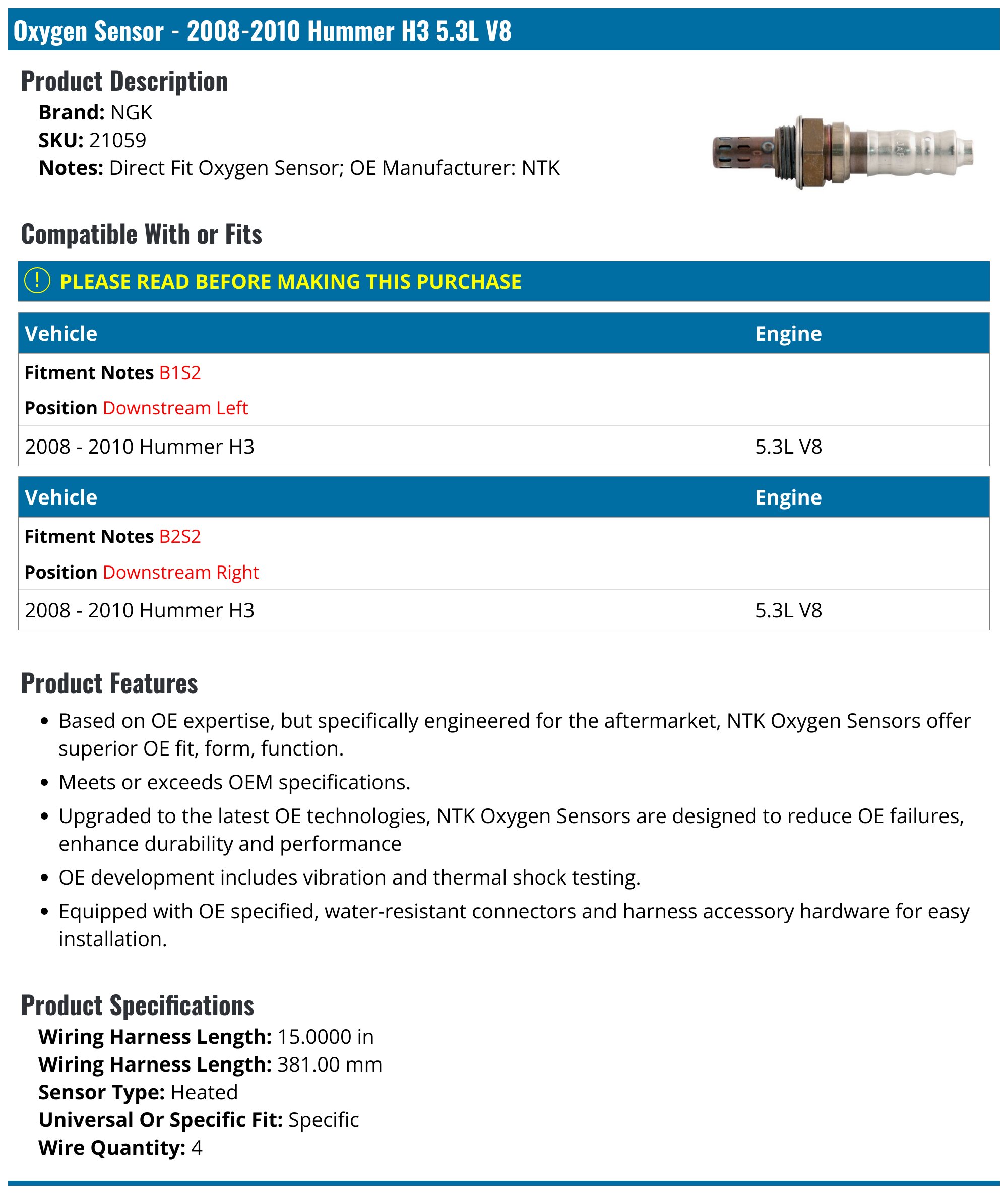 2008-2010 Hummer H3 Oxygen Sensor - NGK 21059 - Downstream Right ...
