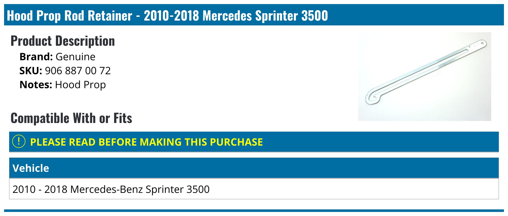 2010-2018 Mercedes Sprinter 3500 Hood Prop Rod Retainer - Genuine 906 ...
