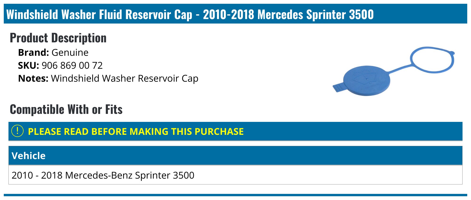 2010-2018 Mercedes Sprinter 3500 Windshield Washer Fluid Reservoir Cap ...