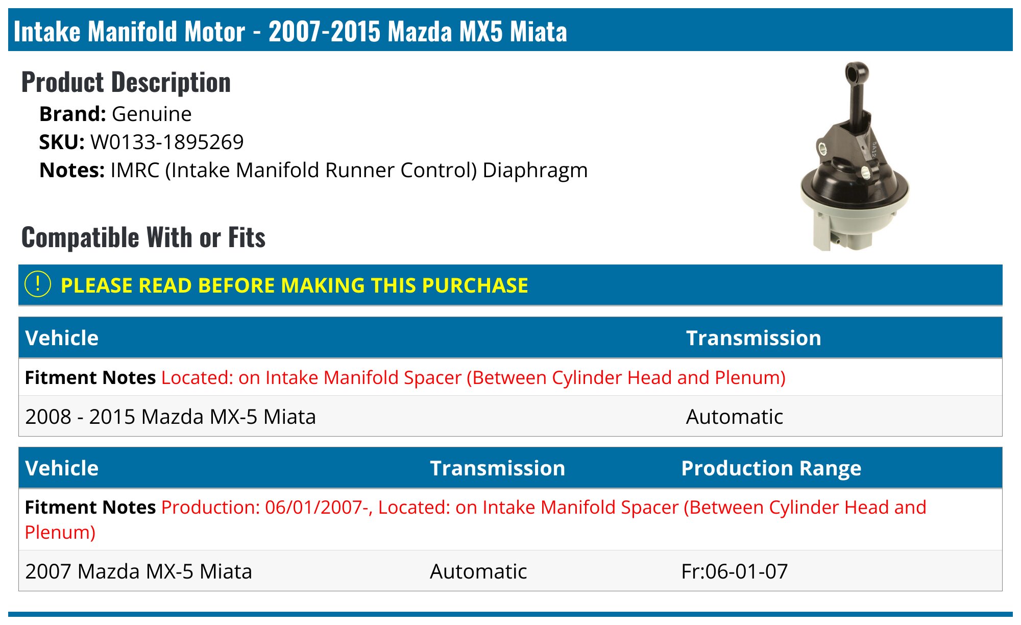 2007-2015 Mazda MX5 Miata Intake Manifold Motor - Genuine W0133-1895269 ...