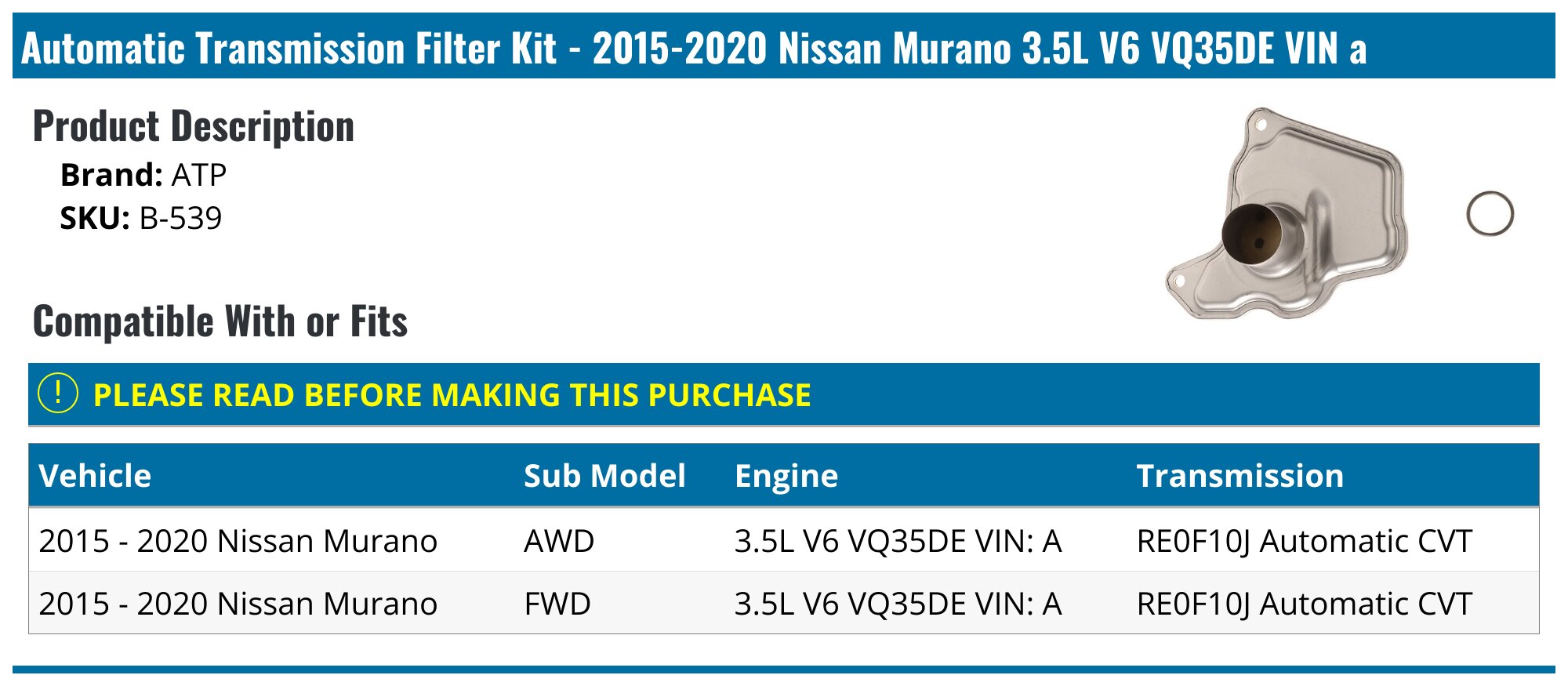 2015-2020 Nissan Murano Automatic Transmission Filter - ATP B-539 ...