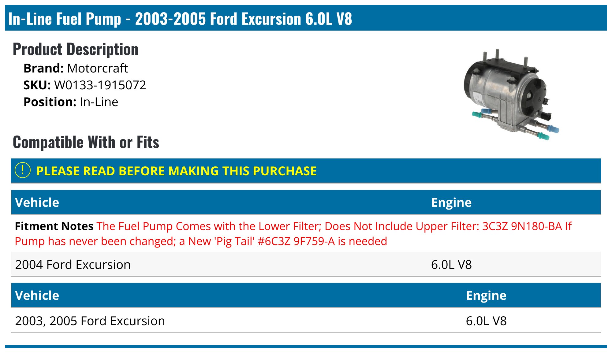 2003-2005 Ford Excursion Fuel Pump - Motorcraft W0133-1915072 ...