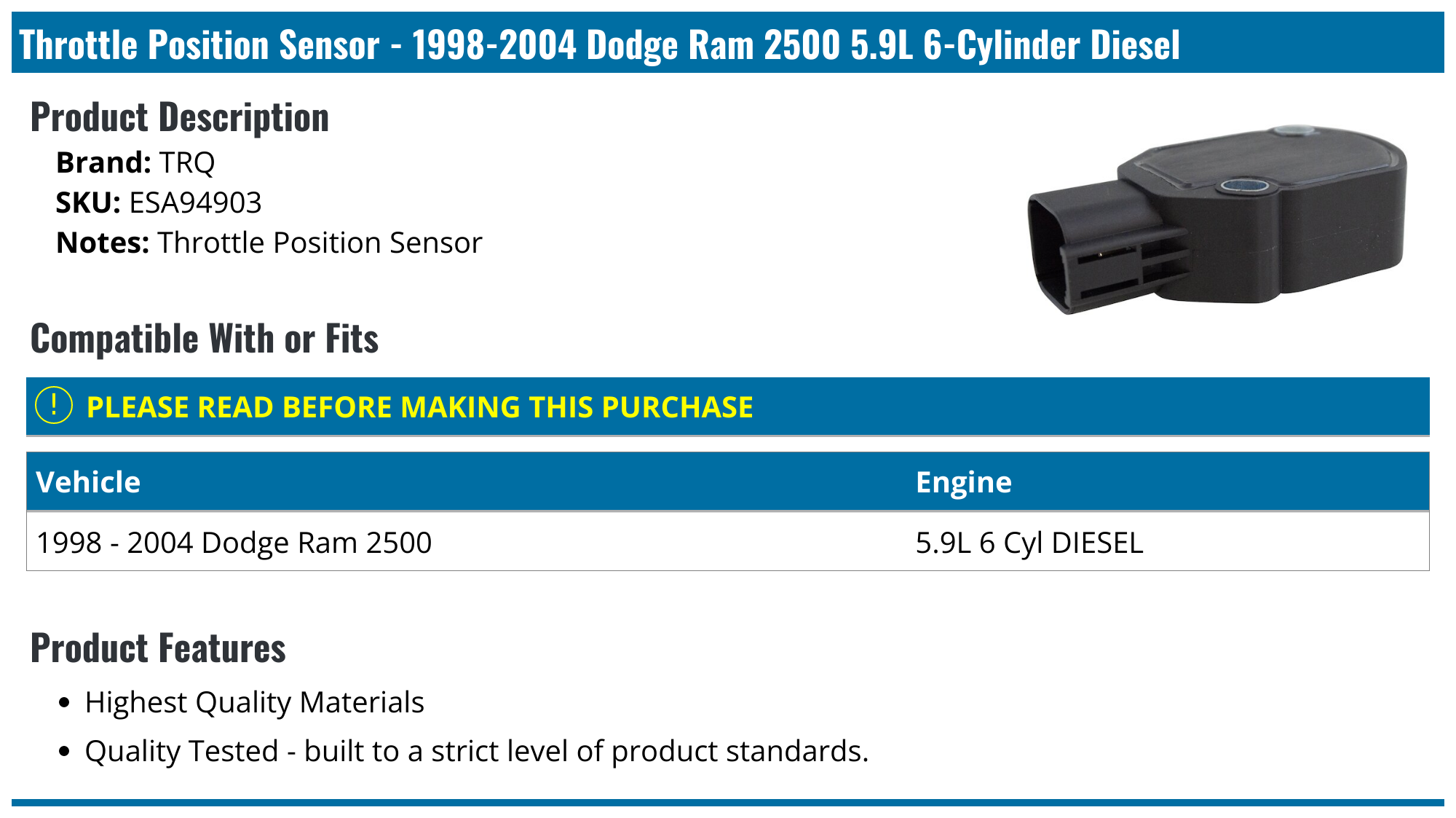 1998-2004 Dodge Ram 2500 Throttle Position Sensor - TRQ ESA94903 ...
