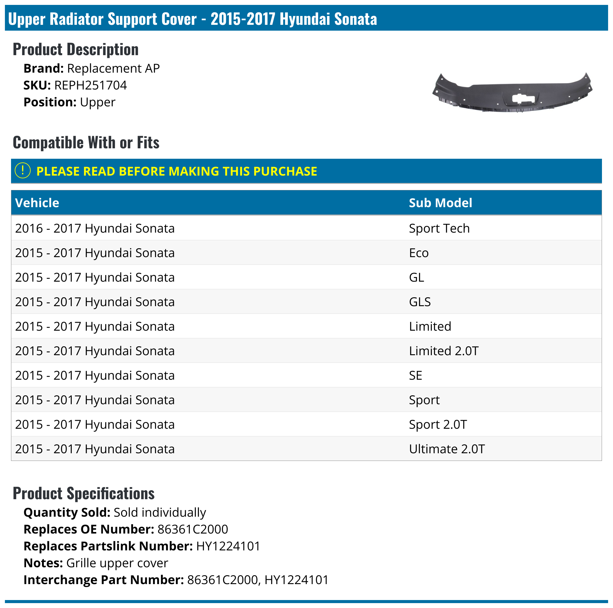 2015-2017 Hyundai Sonata Radiator Support Cover - Replacement AP ...
