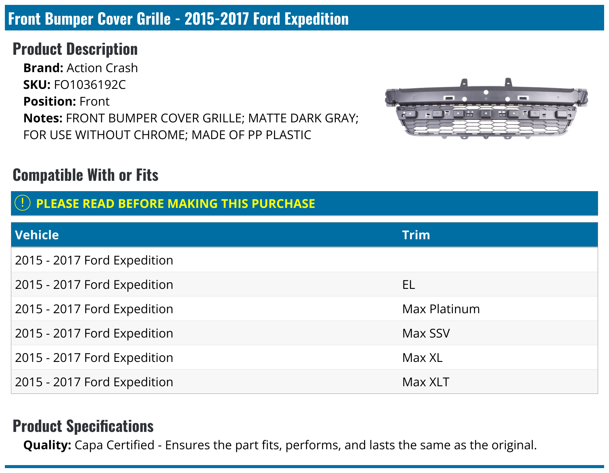 2015-2017 Ford Expedition Bumper Cover Grille - Action Crash FO1036192C ...
