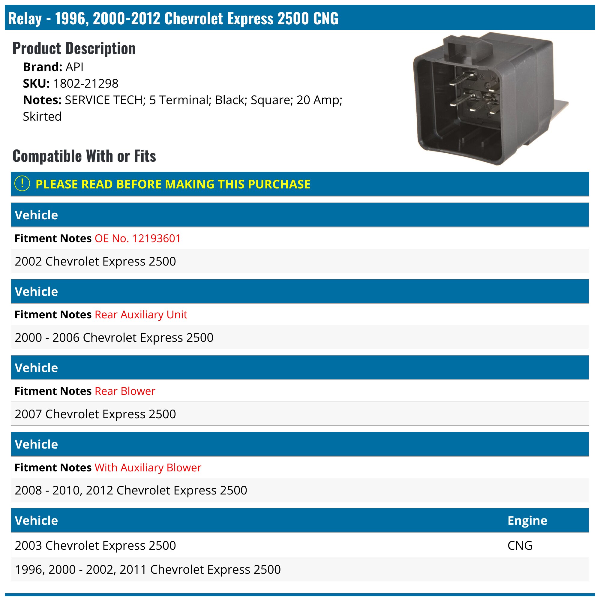 1996, 2000-2012 Chevrolet Express 2500 Relay - API 3289-07632037 ...