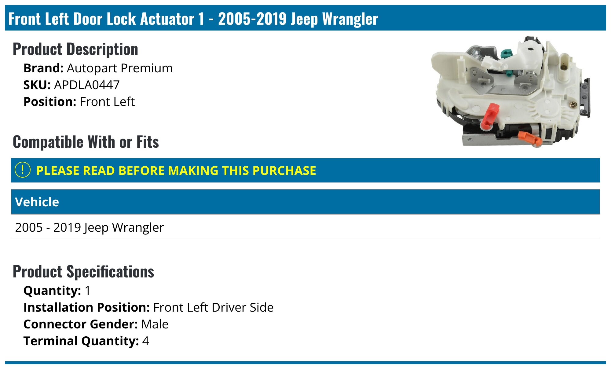 2005-2019 Jeep Wrangler Door Lock Actuator - Autopart Premium APDLA0447 ...