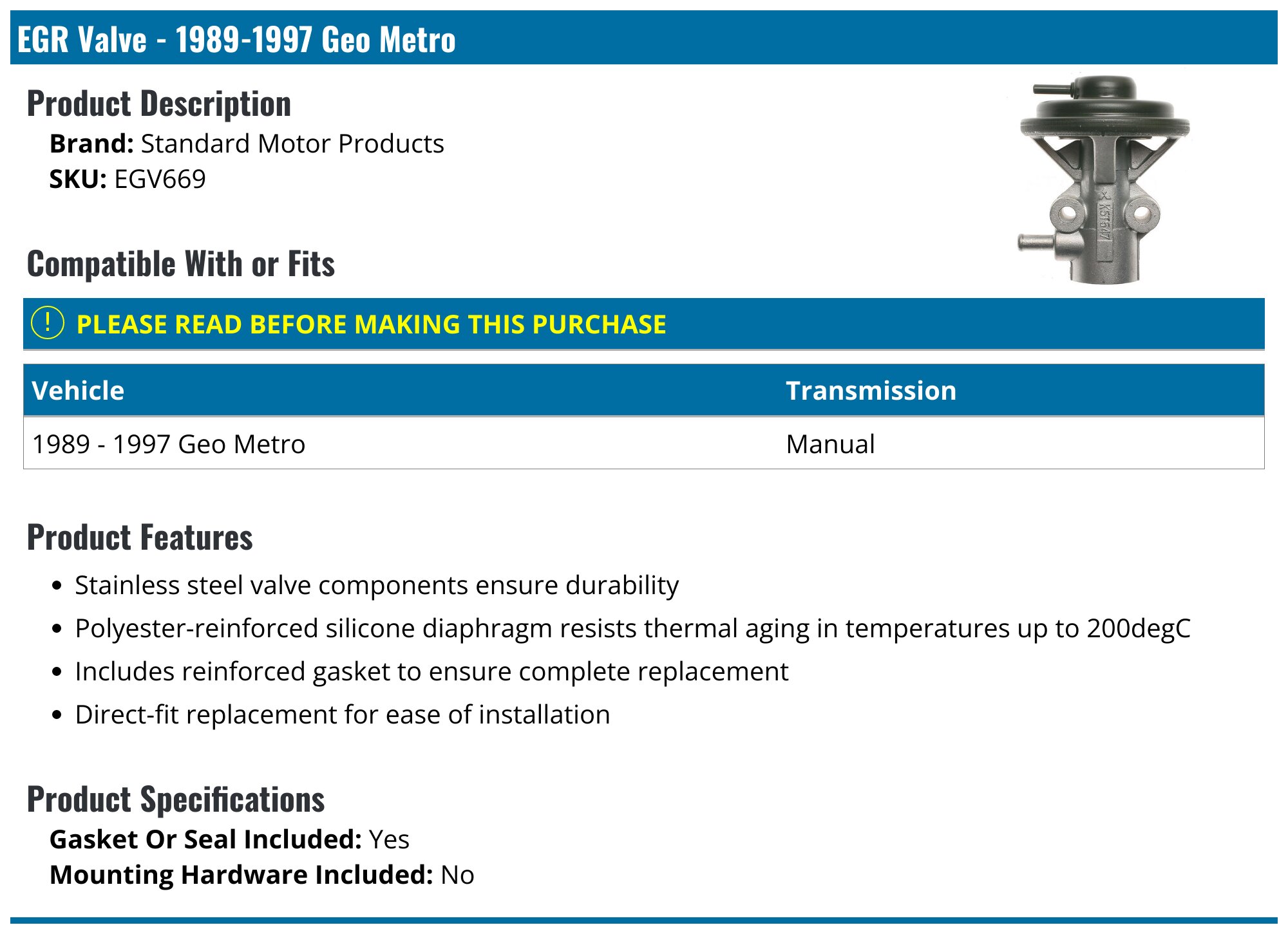 1989-1997 Geo Metro EGR Valve - Standard Motor Products EGV669 ...