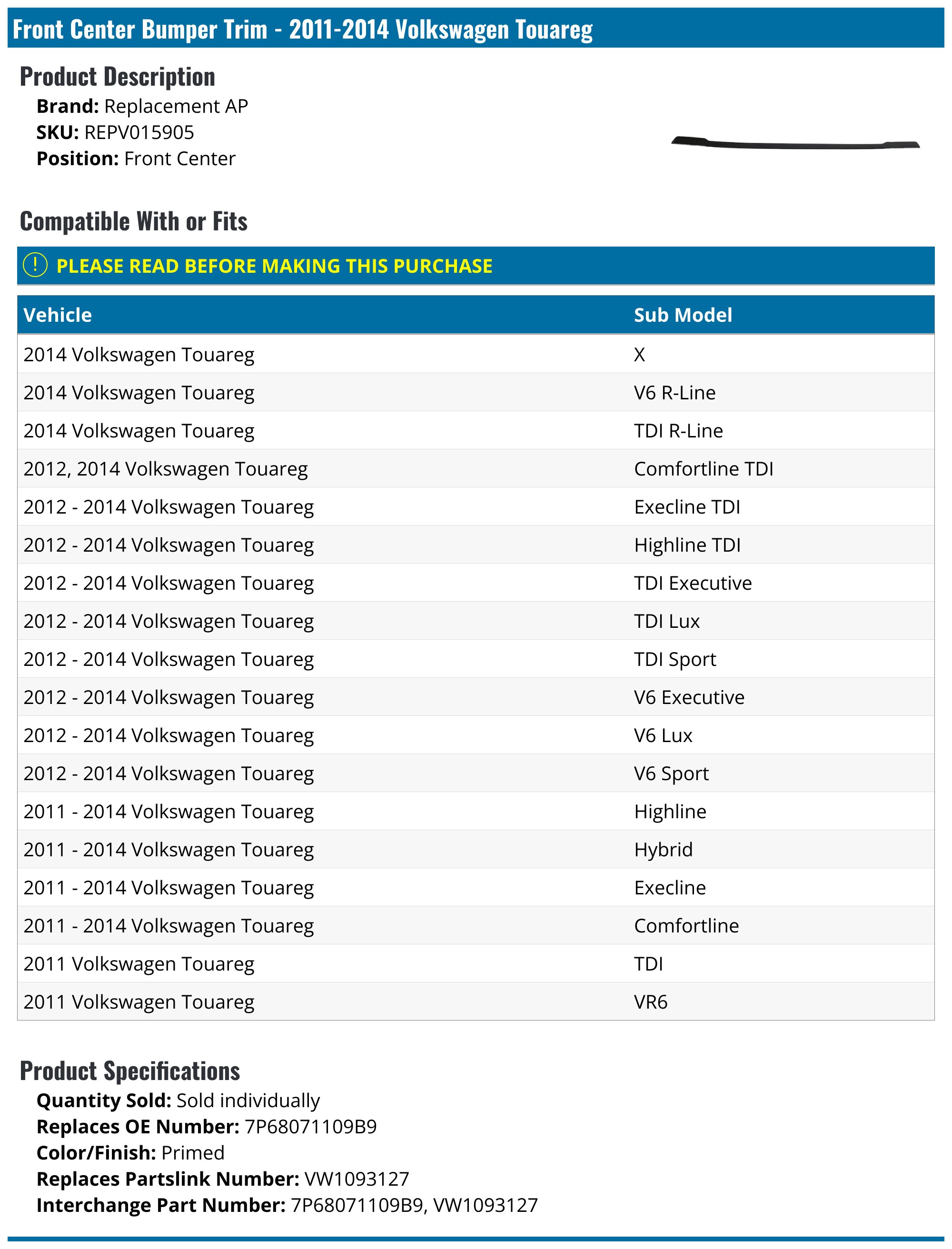 2011-2014 Volkswagen Touareg Bumper Trim - Replacement AP REPV015905 ...