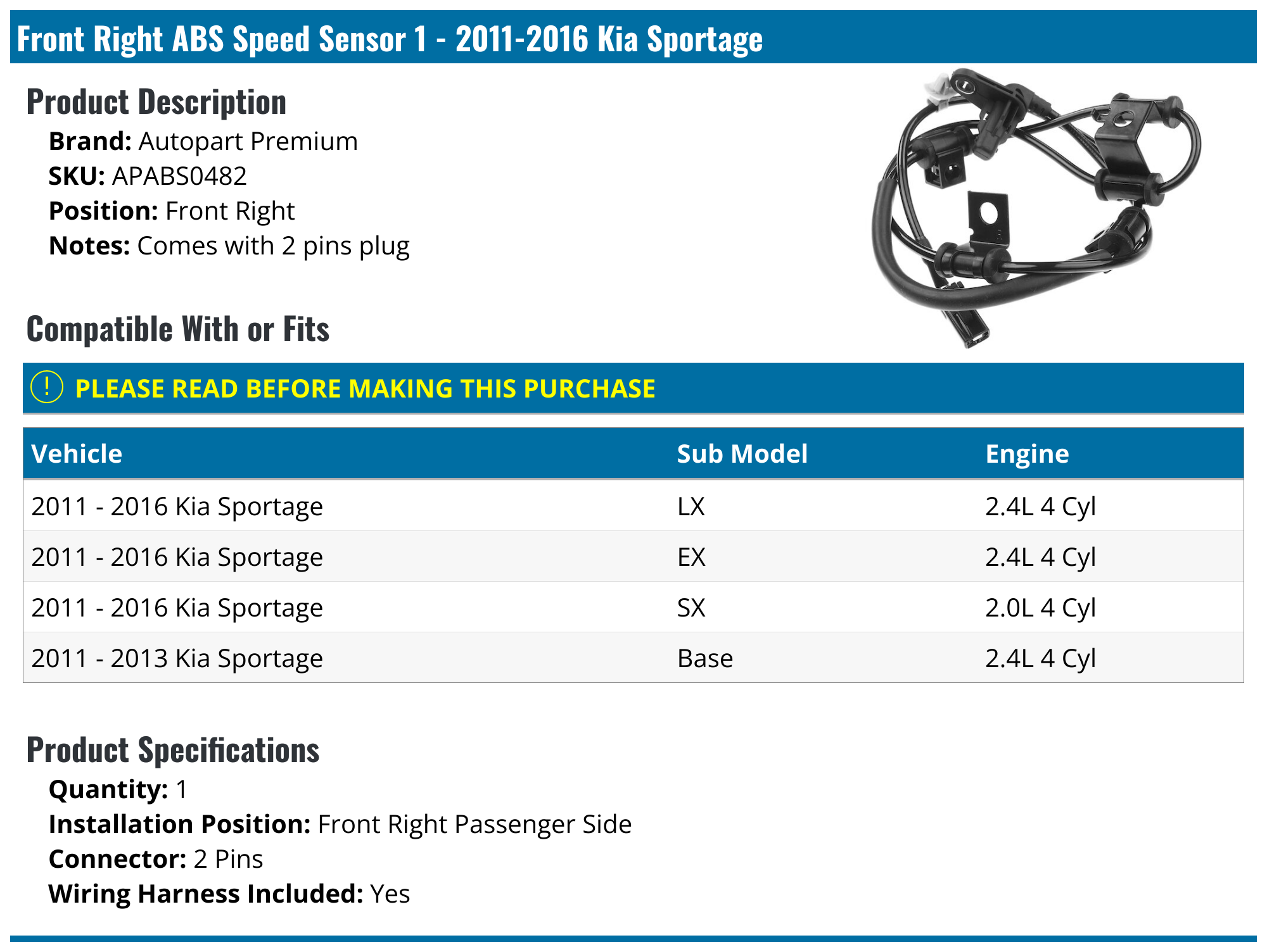 2011-2016 Kia Sportage ABS Speed Sensor - Autopart Premium APABS0482 ...