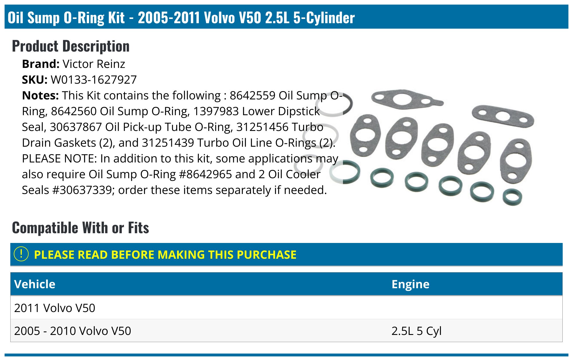 2005-2011 Volvo V50 Oil Sump O-Ring Kit - Victor Reinz W0133-1627927 ...