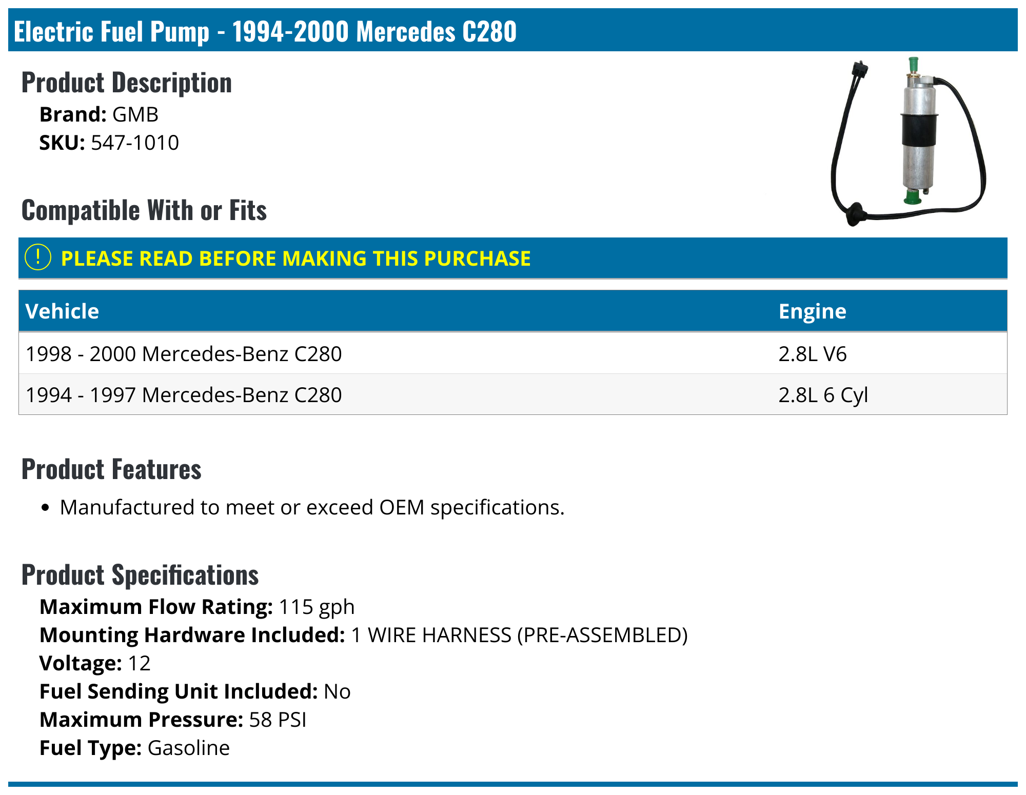 1994-2000 Mercedes C280 Fuel Pump - GMB 547-1010 - PartsGeek.com