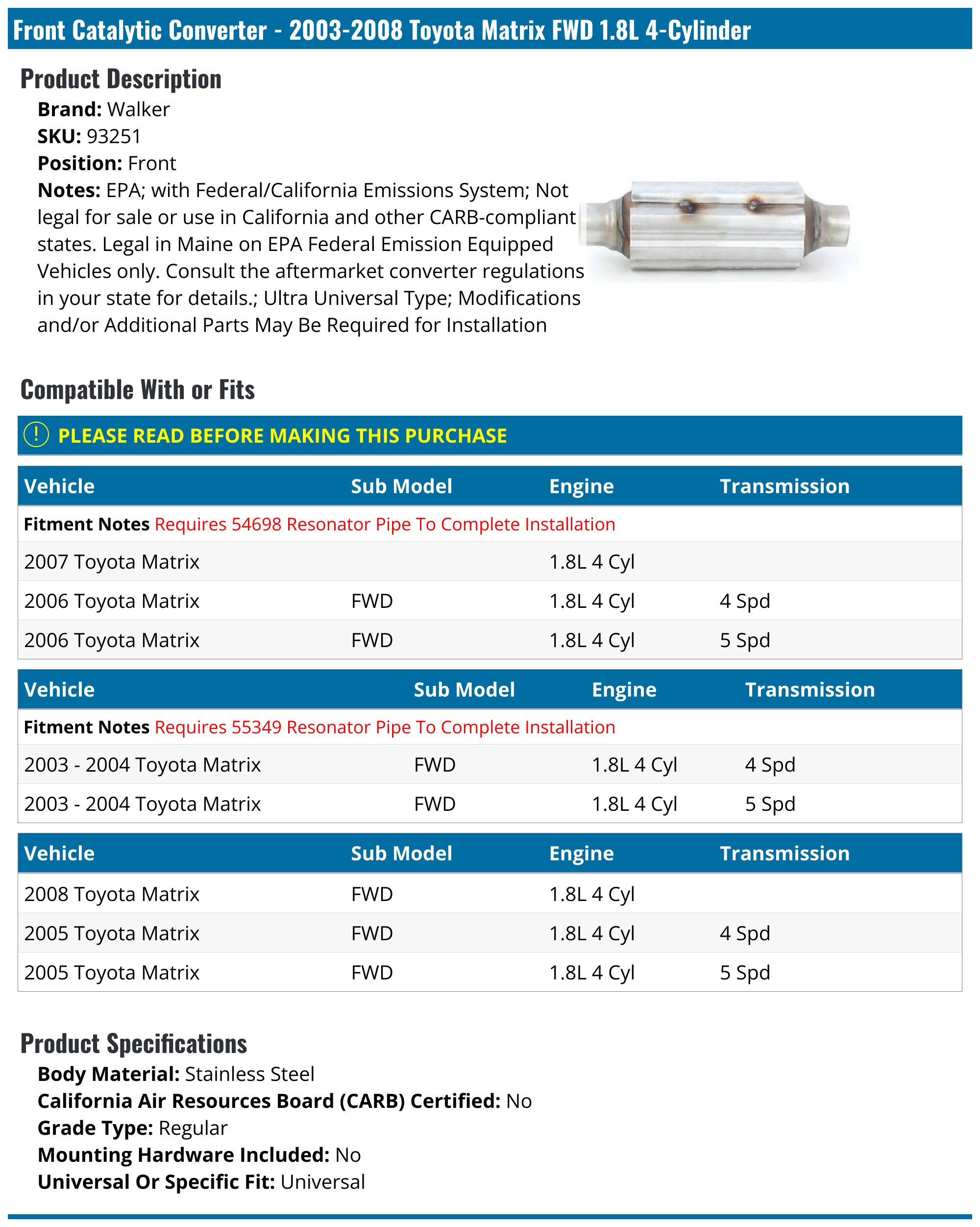 2003-2008 Toyota Matrix Catalytic Converter - Walker 93251 - Front ...