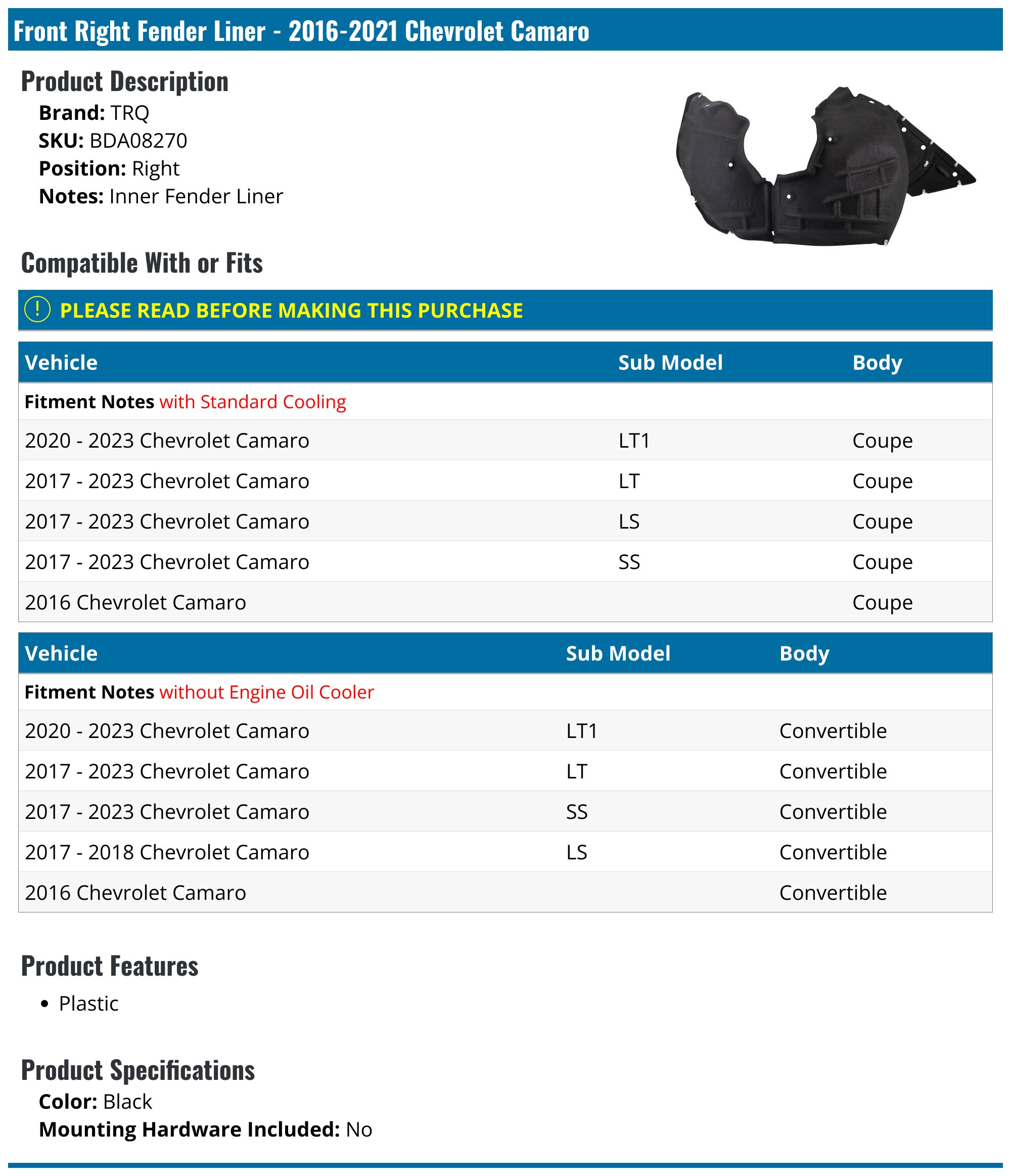 2016-2023 Chevrolet Camaro Fender Liner - TRQ BDA08270 - Right ...