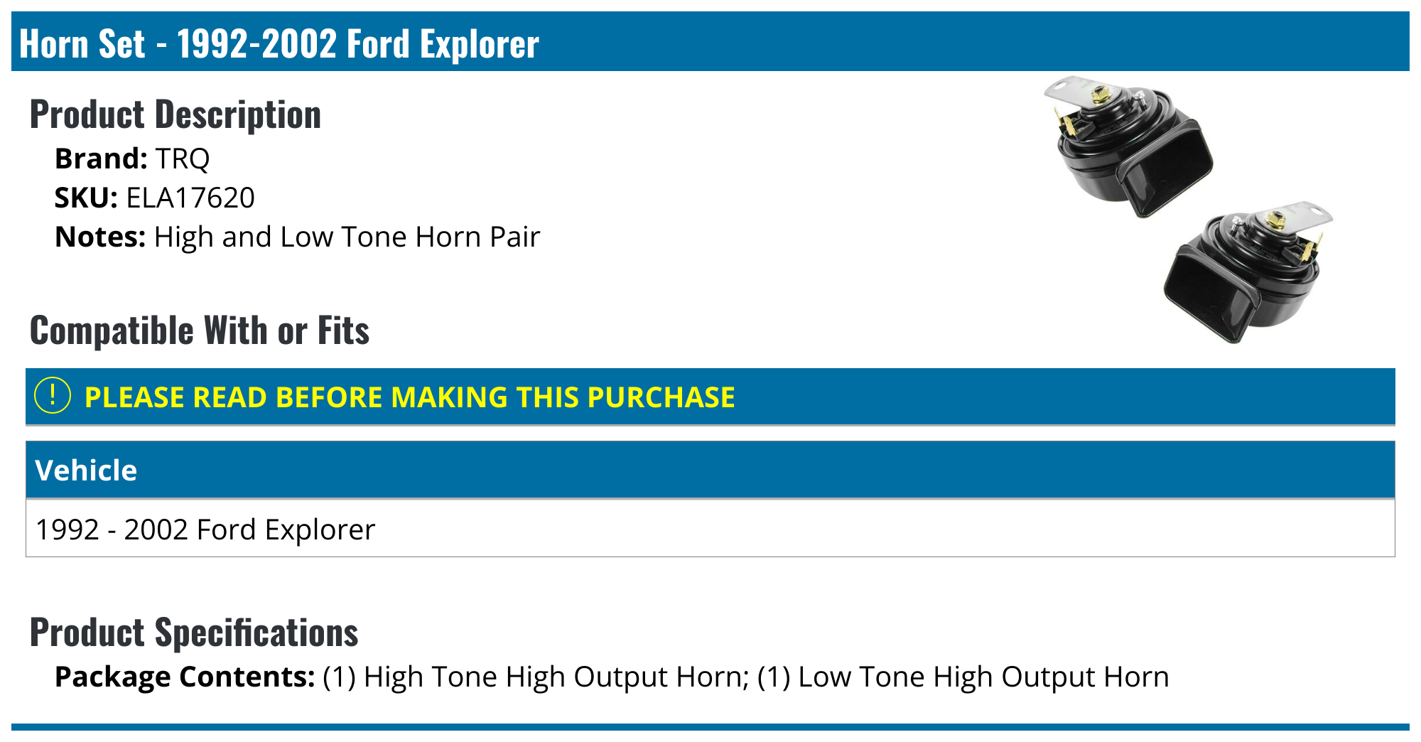 1992-2002 Ford Explorer Horn - TRQ ELA17620 - PartsGeek.com