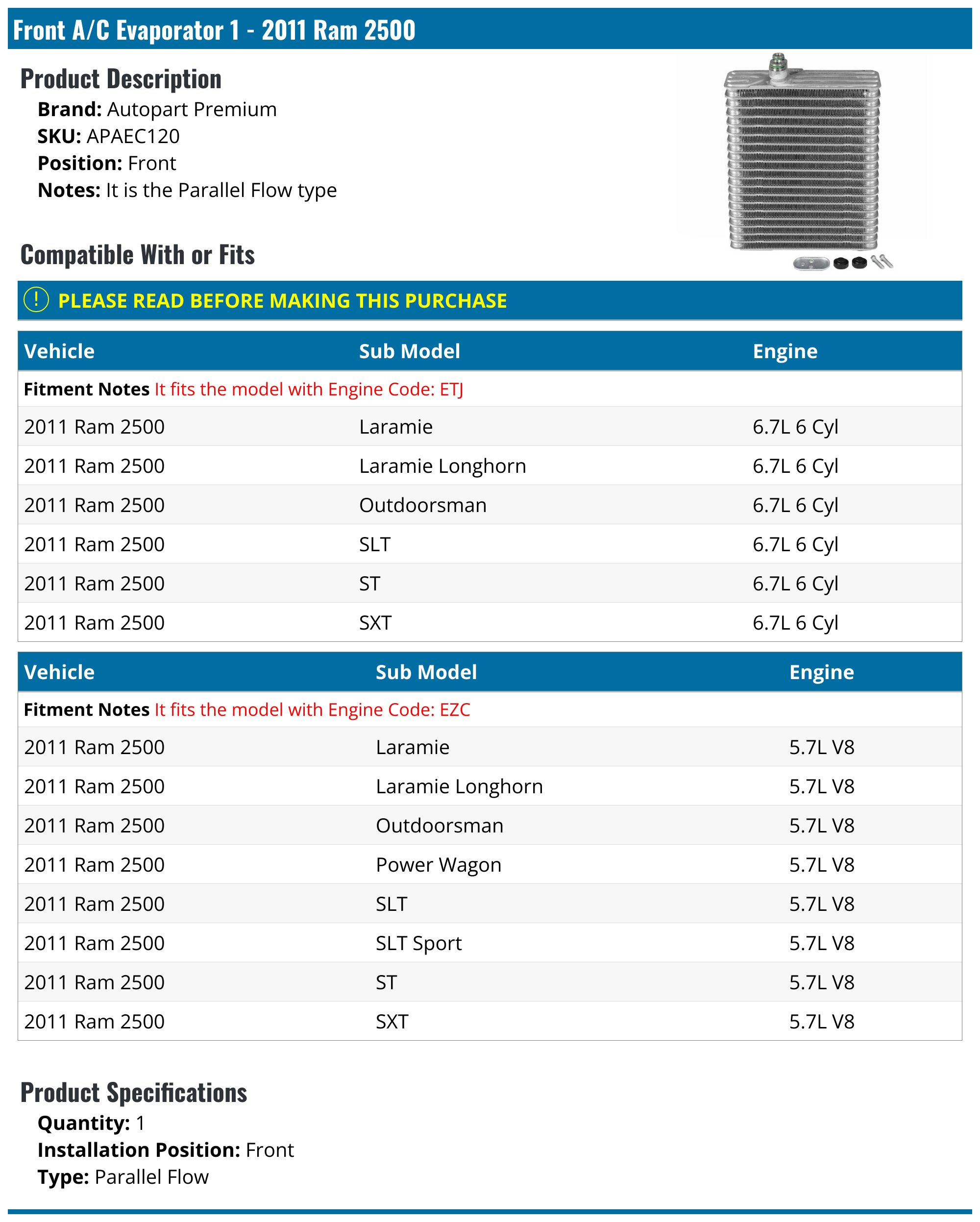 2011 Ram 2500 A/C Evaporator - Autopart Premium APAEC120 - Front ...