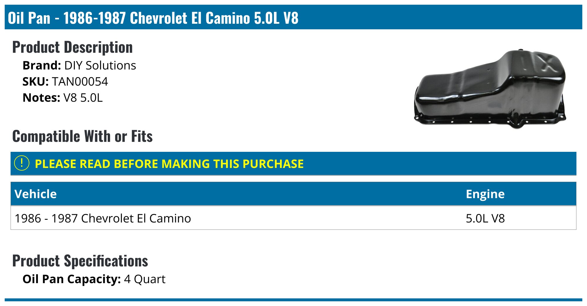 1986-1987 Chevrolet El Camino Oil Pan - DIY Solutions TAN00054 ...