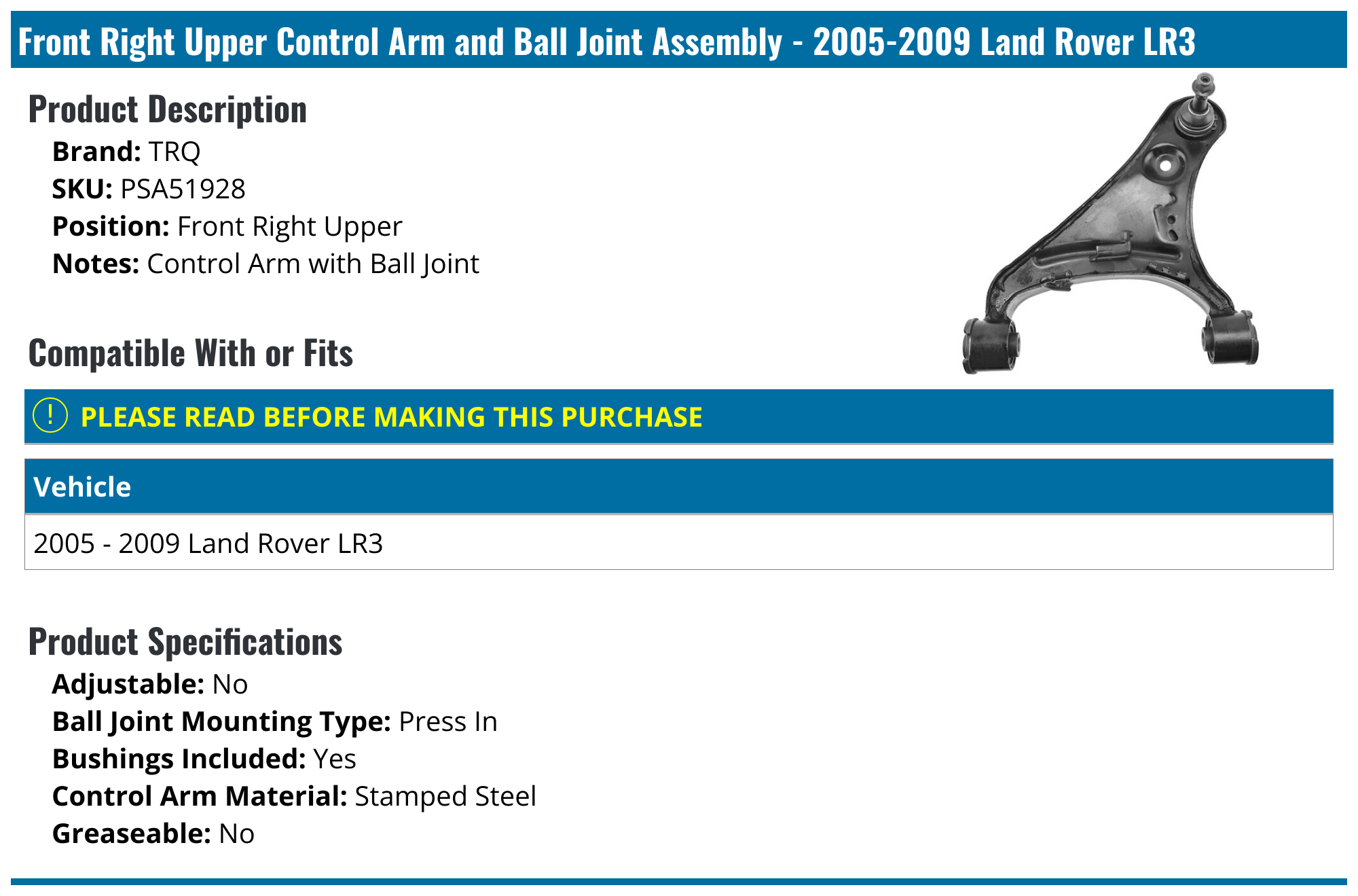 2005-2009 Land Rover LR3 Control Arm - TRQ PSA51928 - Front Right Upper ...