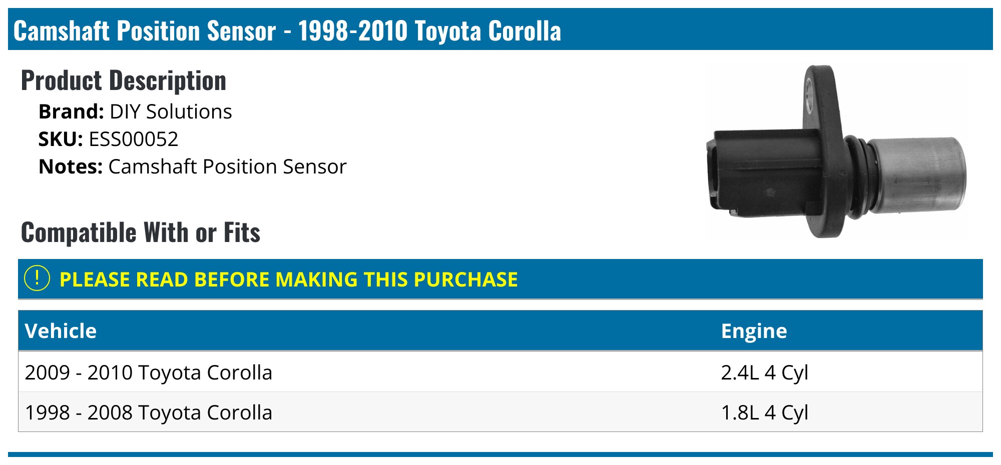 2012 Toyota Corolla Camshaft Position Sensor Location