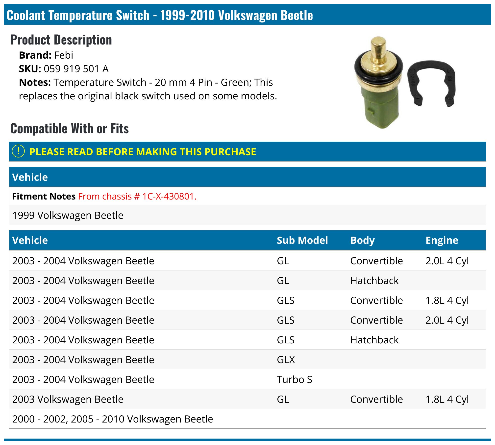 1999-2010 Volkswagen Beetle Coolant Temperature Switch - Febi 059 919 ...