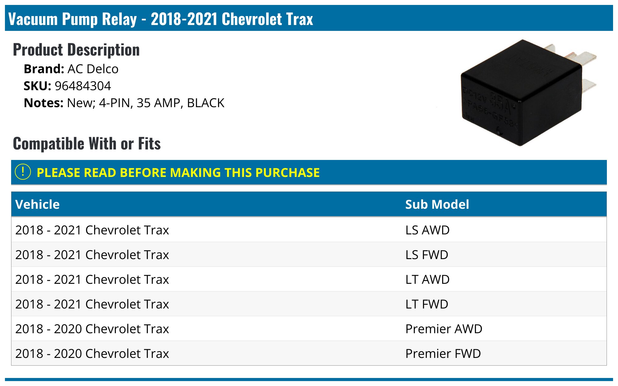 2018-2021 Chevrolet Trax Vacuum Pump Relay - AC Delco 96484304 ...