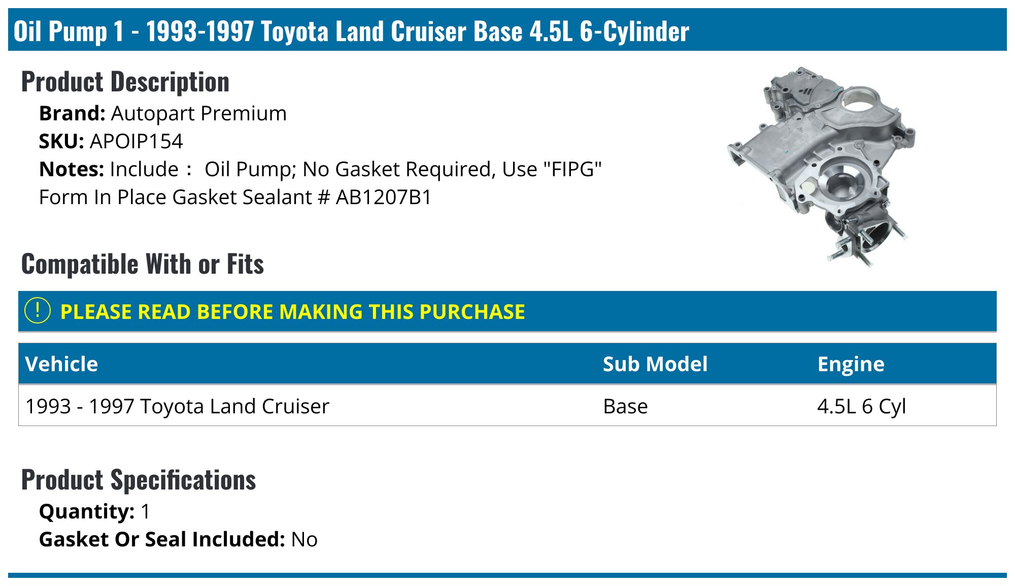 1993-1997 Toyota Land Cruiser Oil Pump - Autopart Premium APOIP154 ...