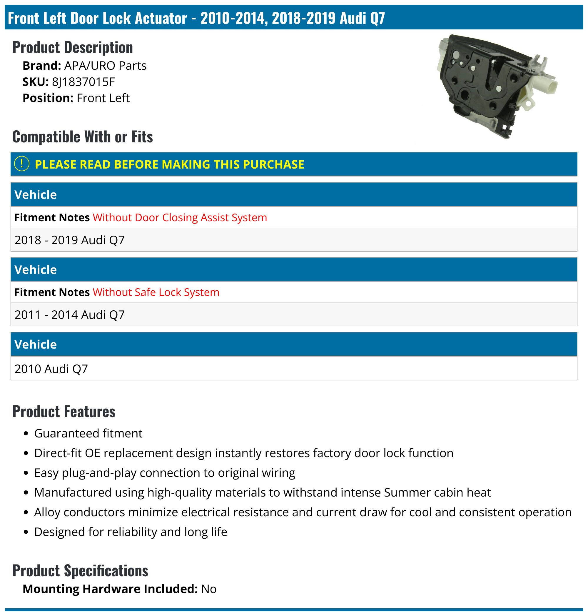 2010-2014, 2018-2020 Audi Q7 Door Lock Actuator - APA/URO Parts ...