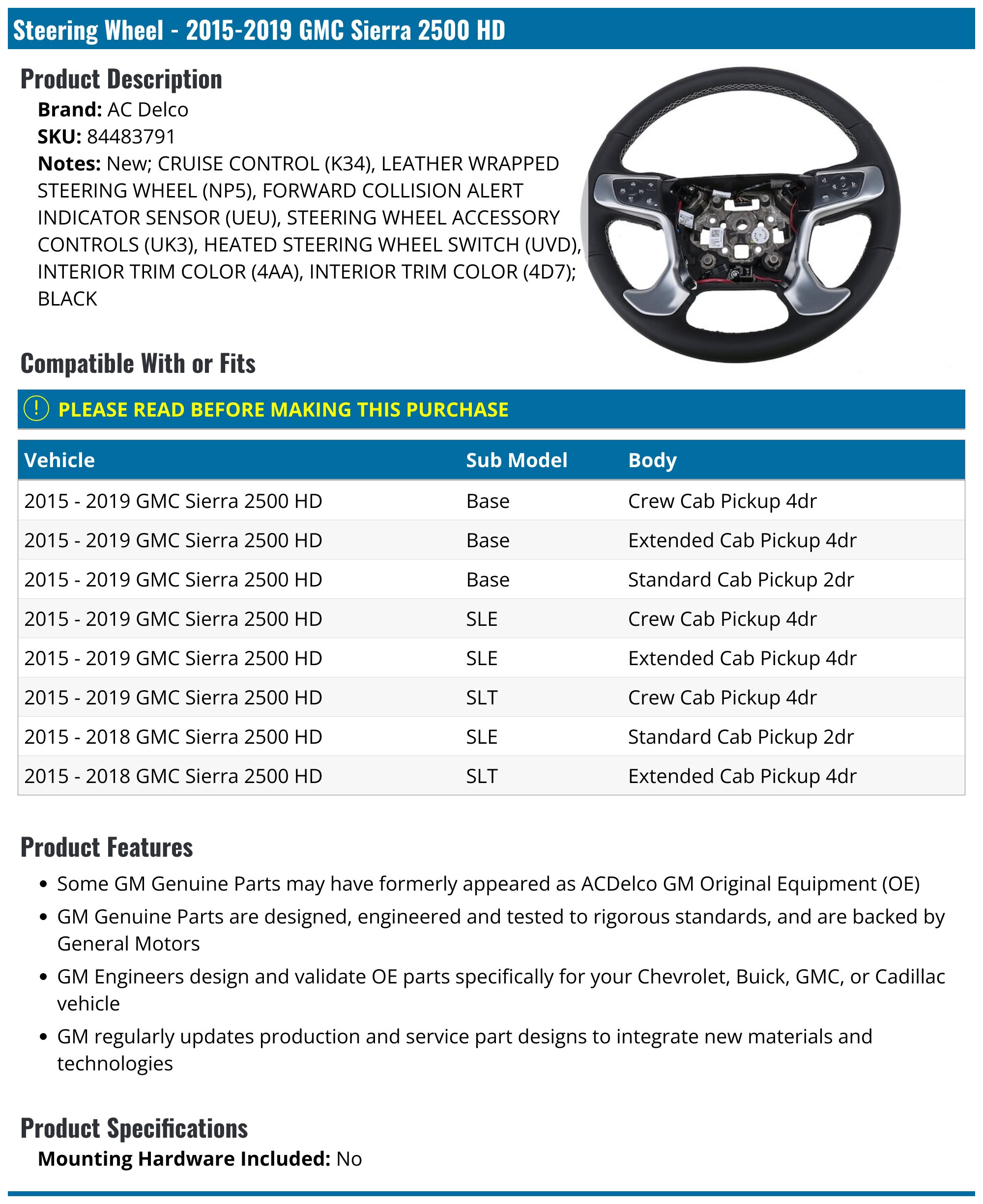 2015-2019 GMC Sierra 2500 HD Steering Wheel - AC Delco 84483791 ...