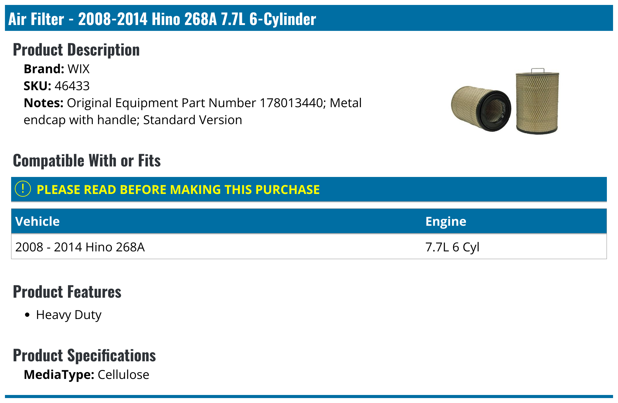 2008-2014 Hino 268A Air Filter - WIX 46433 - PartsGeek.com