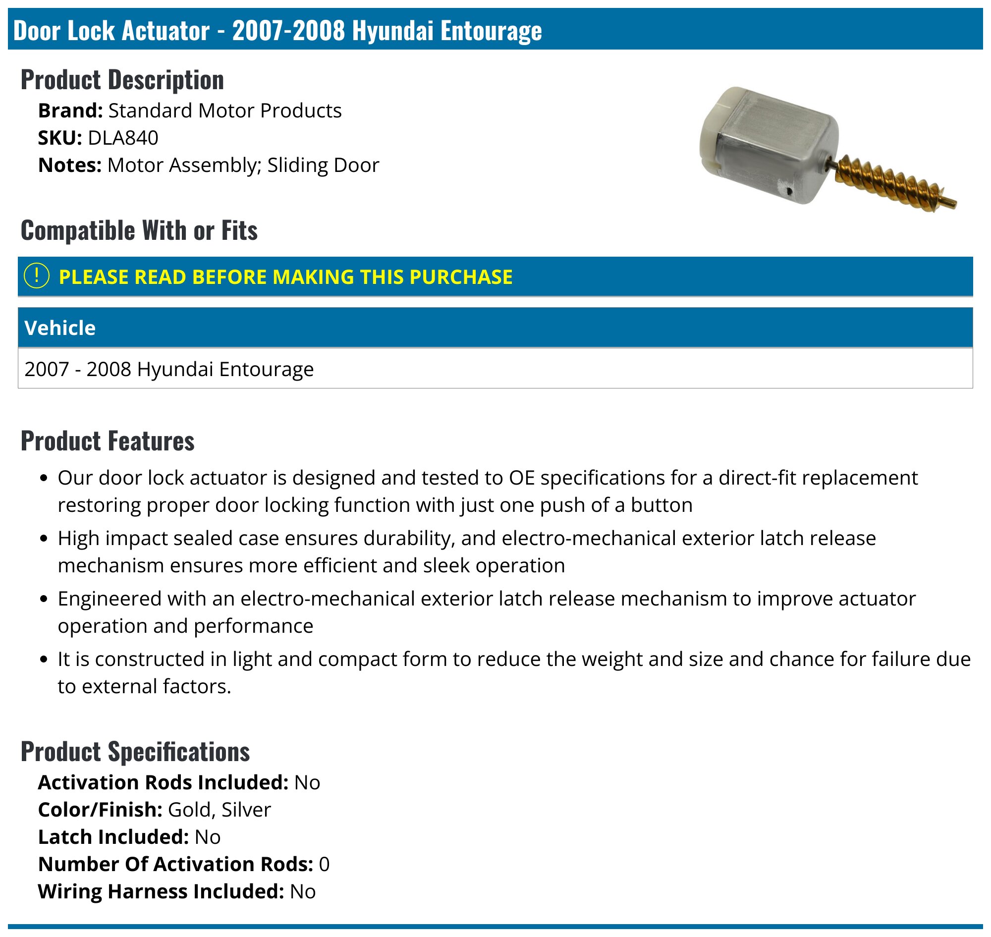 2007-2008 Hyundai Entourage Door Lock Actuator - Standard Motor ...
