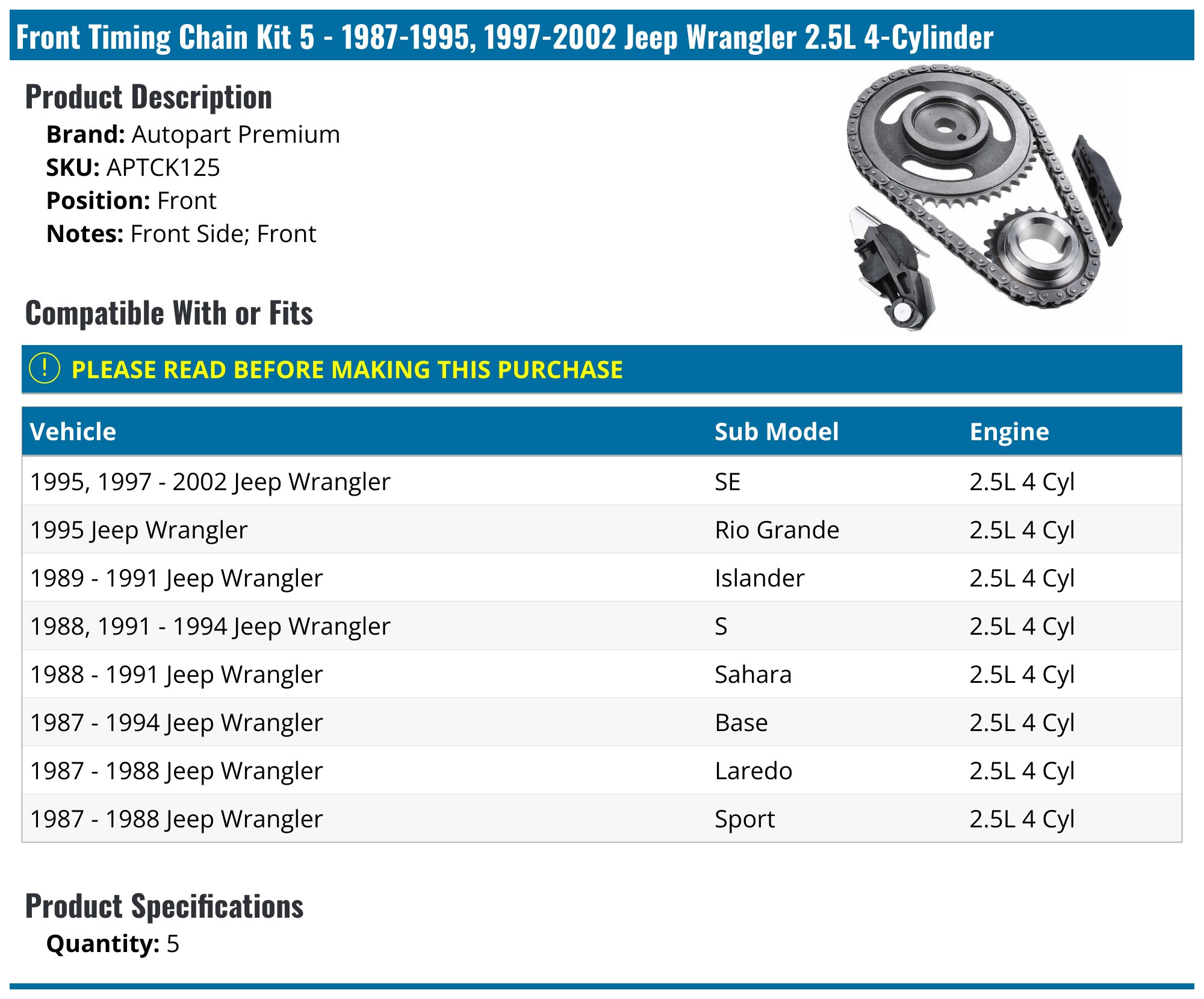 1987-1995, 1997-2002 Jeep Wrangler Timing Chain - Autopart Premium ...