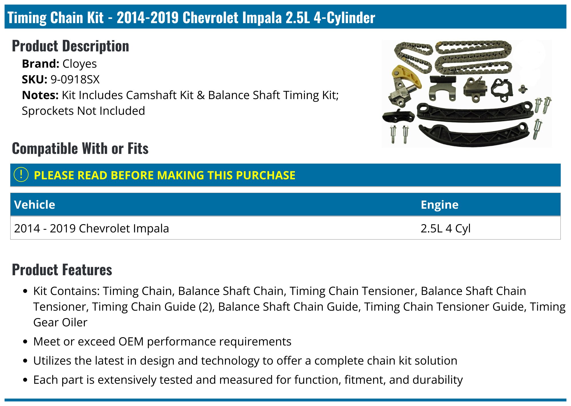 2014-2019 Chevrolet Impala Timing Chain - Cloyes 9-0918SX - PartsGeek.com