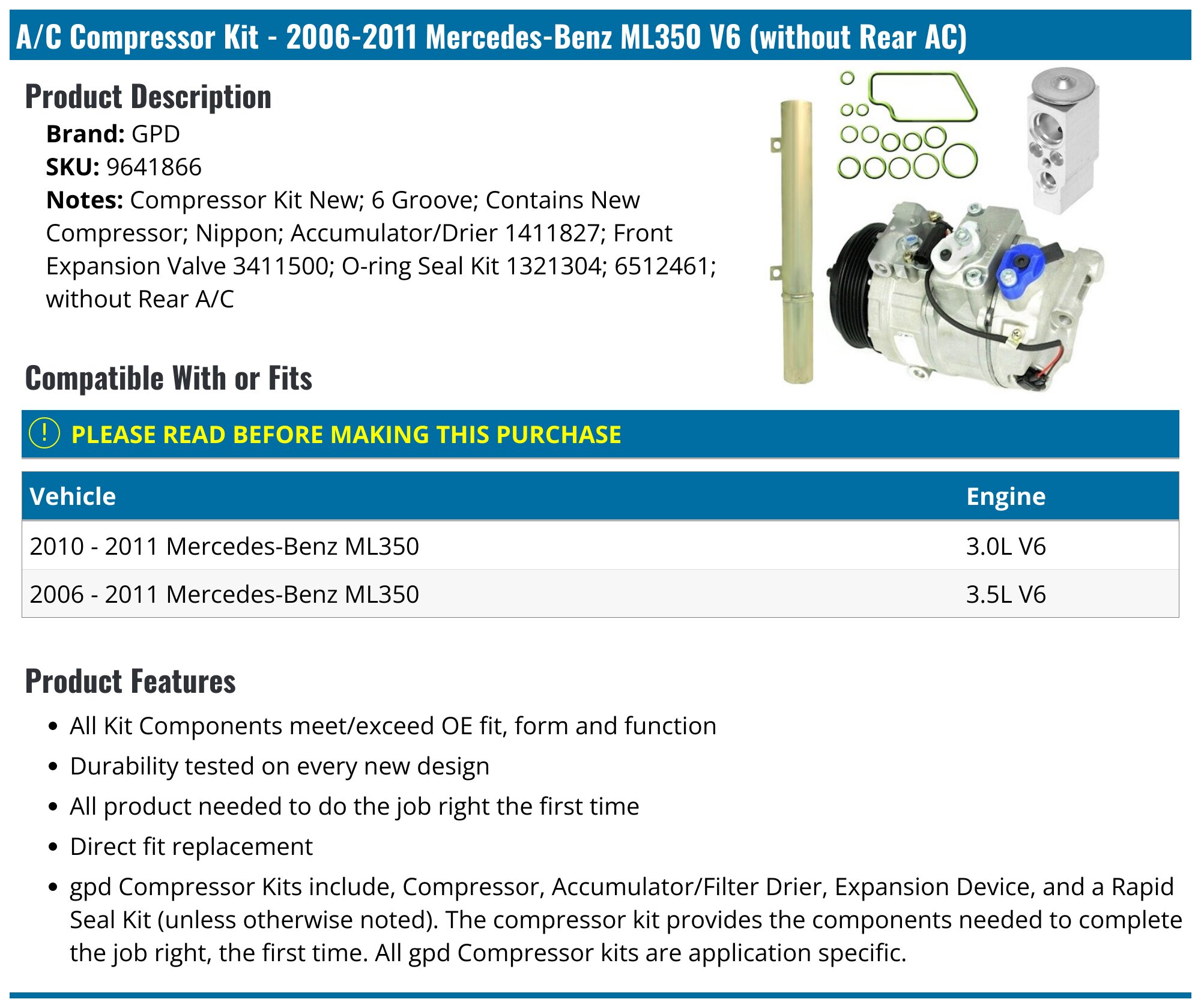2006-2011 Mercedes ML350 A/C Compressor - GPD 9641866 - PartsGeek.com
