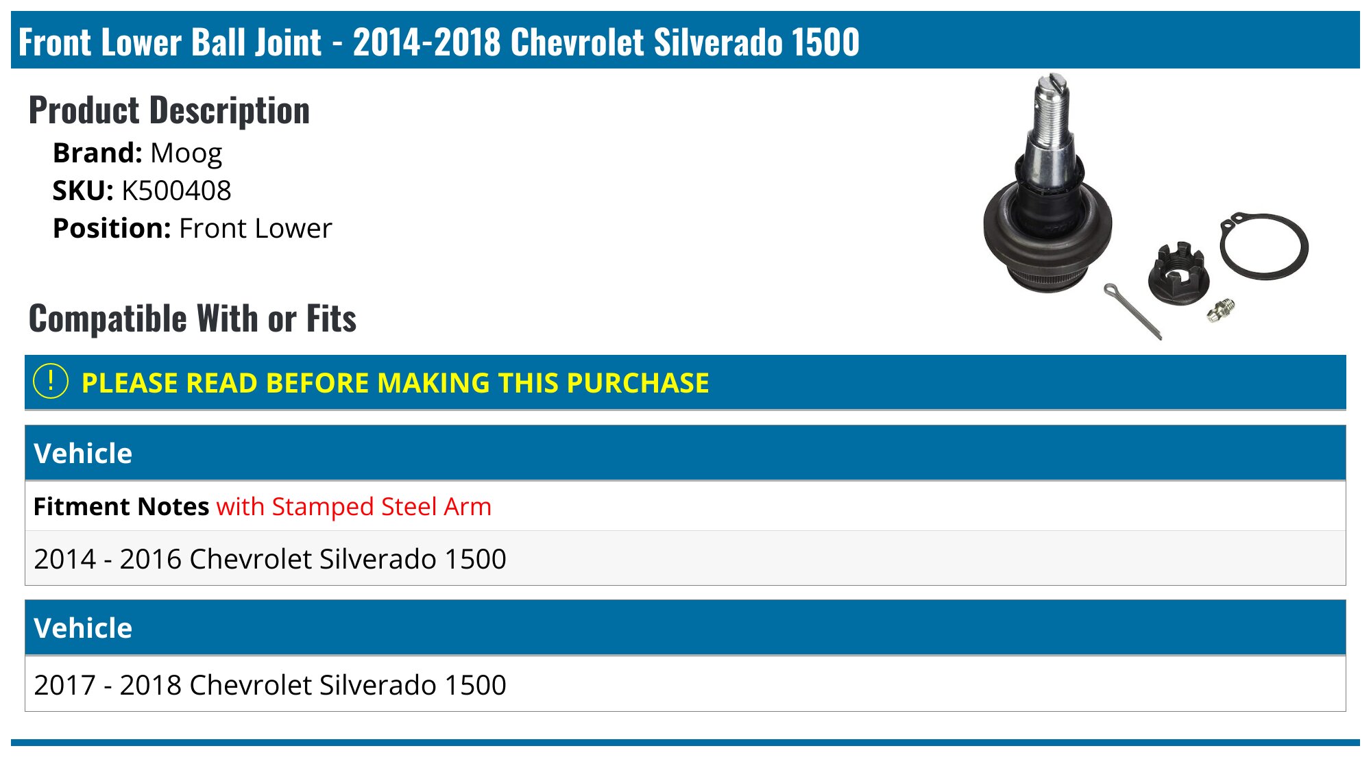 2014-2018 Chevrolet Silverado 1500 Ball Joint - Moog K500408 - Front ...