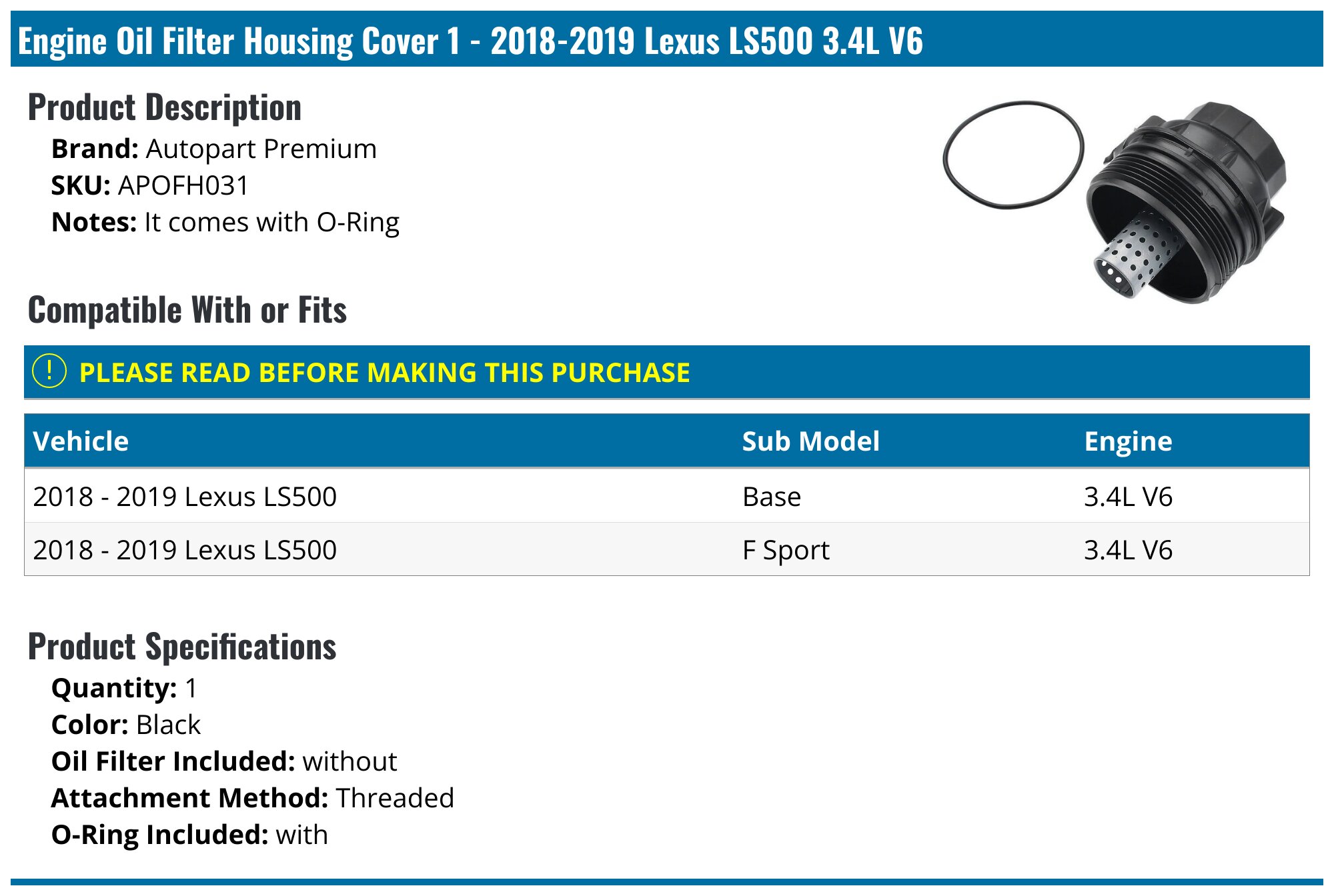 2018-2019 Lexus LS500 Engine Oil Filter Housing Cover - Autopart ...