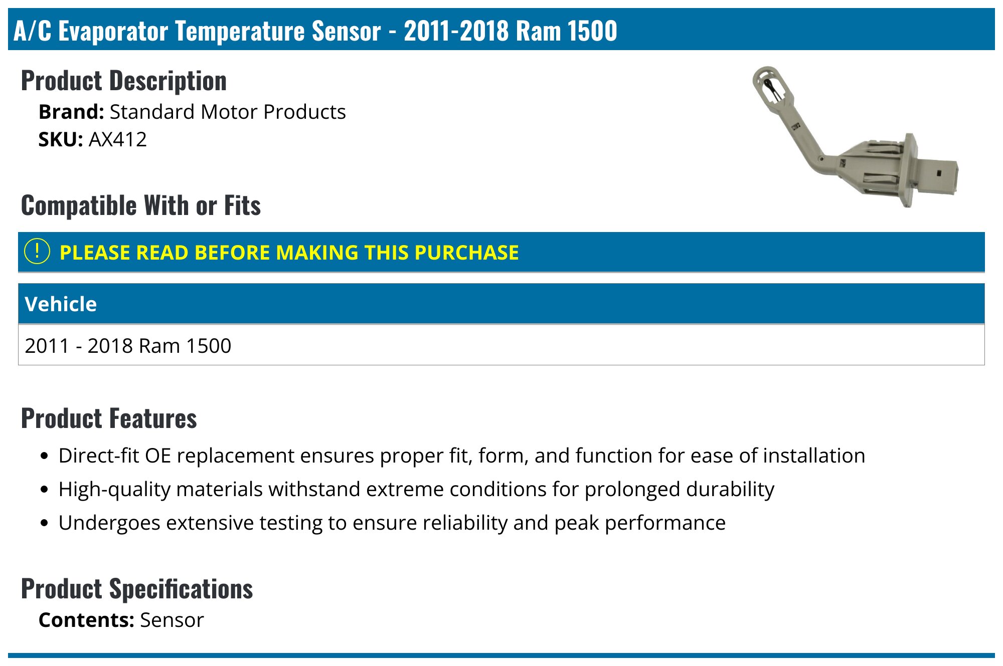 2011-2019 Ram 1500 A/C Evaporator Temperature Sensor - Standard Motor ...