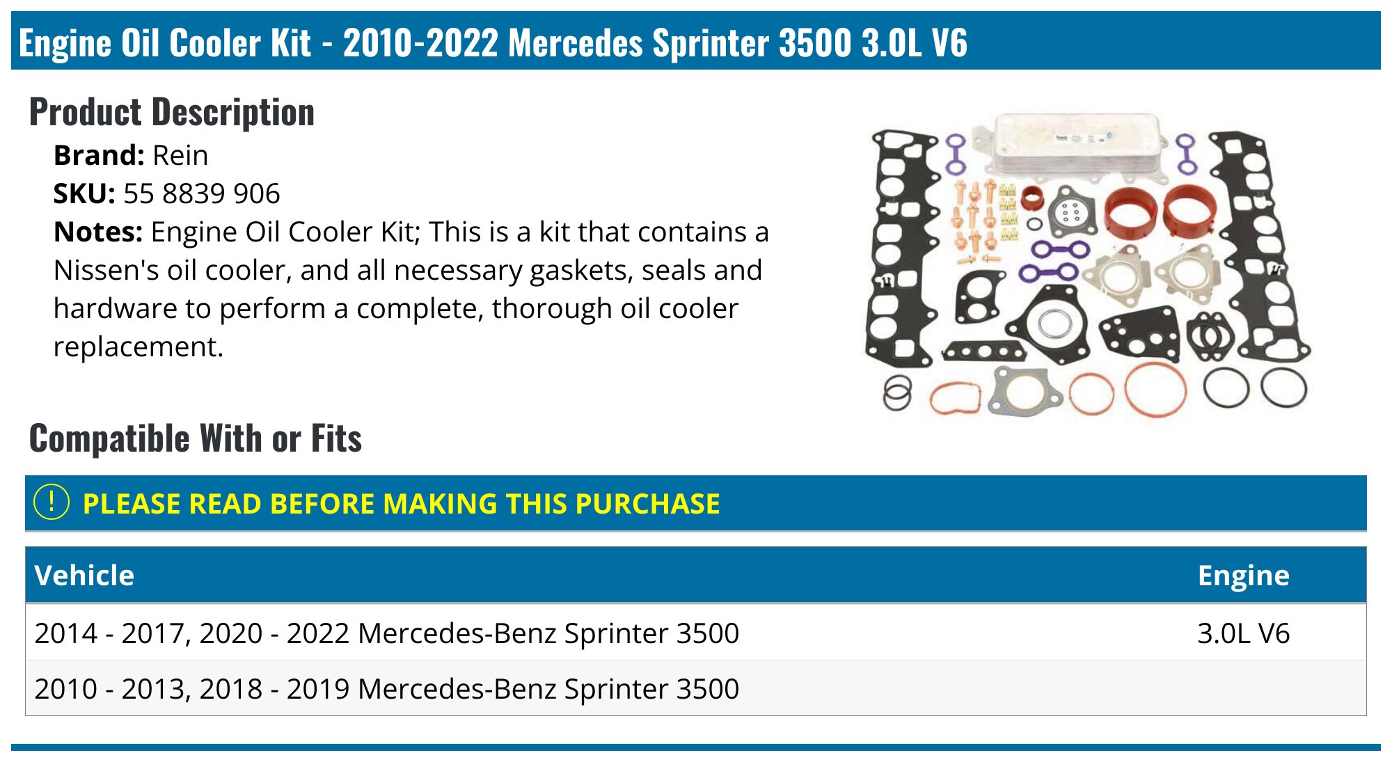 2010-2022 Mercedes Sprinter 3500 Oil Cooler - Rein 55 8839 906 ...